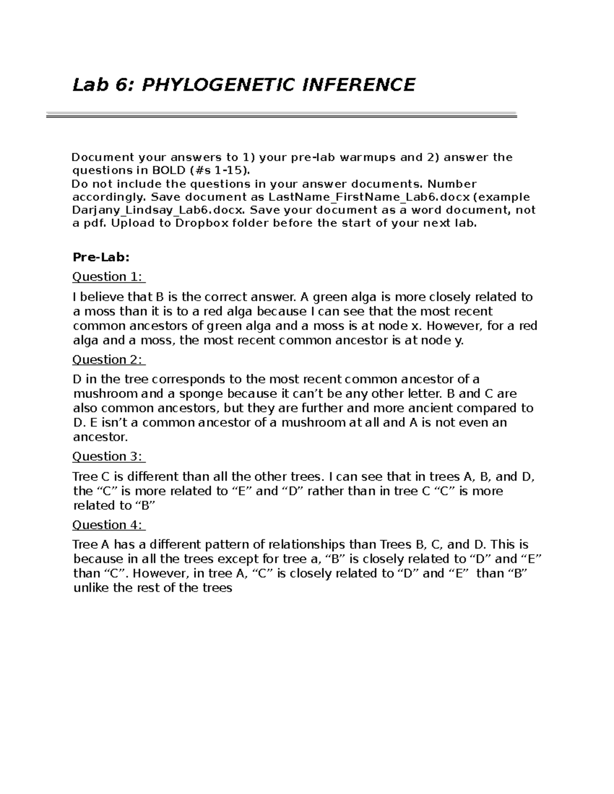 Lab6 - bio lab 6 - Lab 6: PHYLOGENETIC INFERENCE Document your answers ...