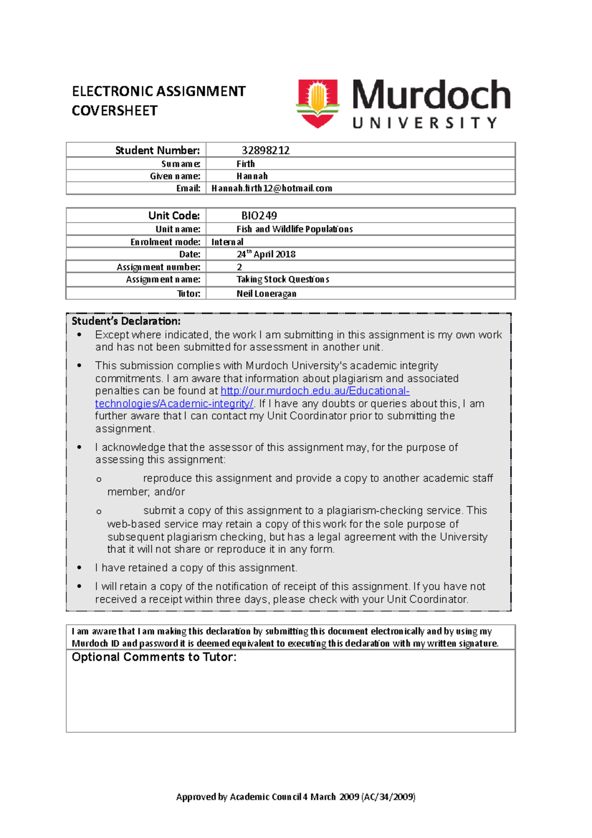 Taking Stock Assignment 2 - ELECTRONIC ASSIGNMENT COVERSHEET Student ...