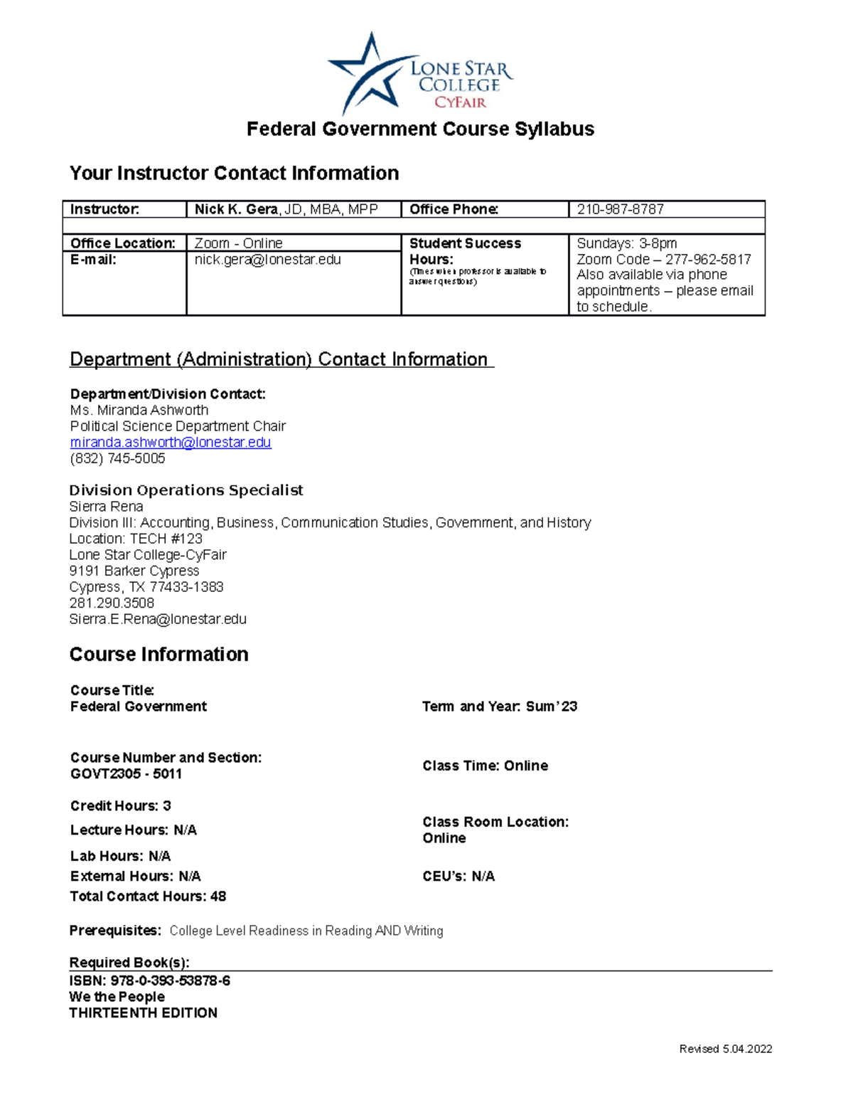 Fed Govt 2305 - 5011 2 - Practice - Federal Government Course Syllabus ...