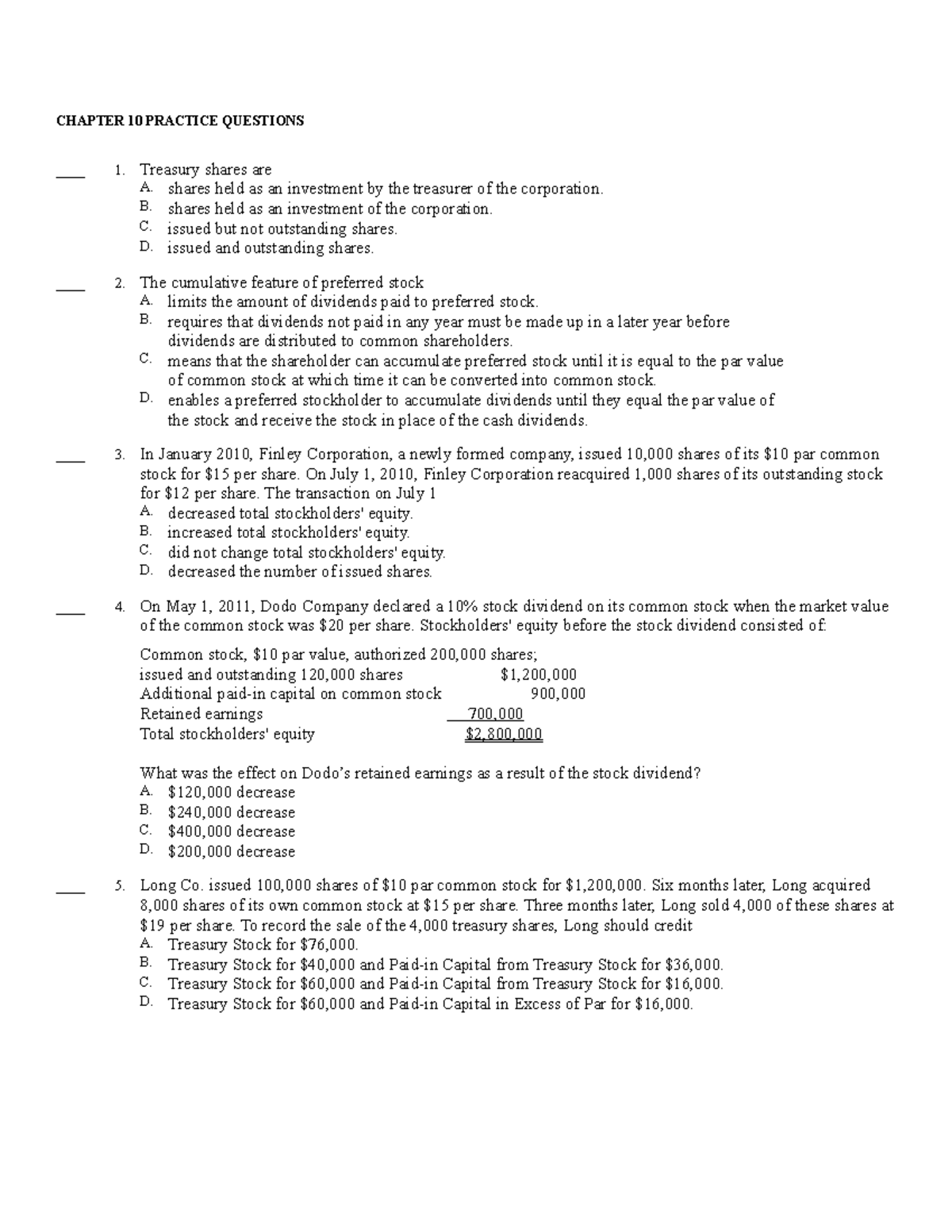 ACCT 101 Chapter 10 Practice Questions - CHAPTER 10 PRACTICE QUESTIONS ...