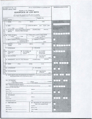 Certificate of Live Birth (COLB) - Municipal Form No. 102 (To be ...