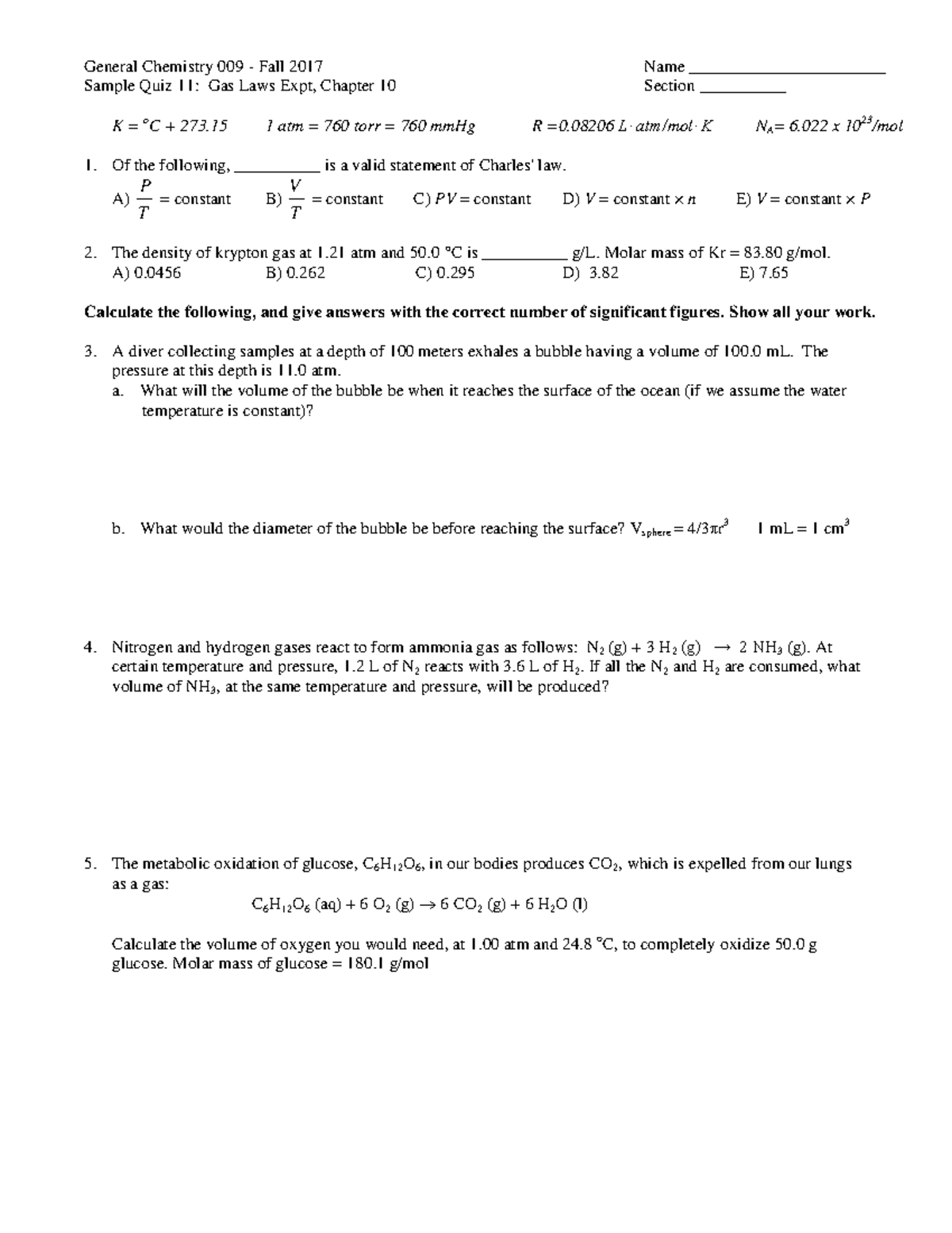 Quiz 10 - Chemistry Recitation Quiz - General Chemistry 009 - Fall 2017 ...