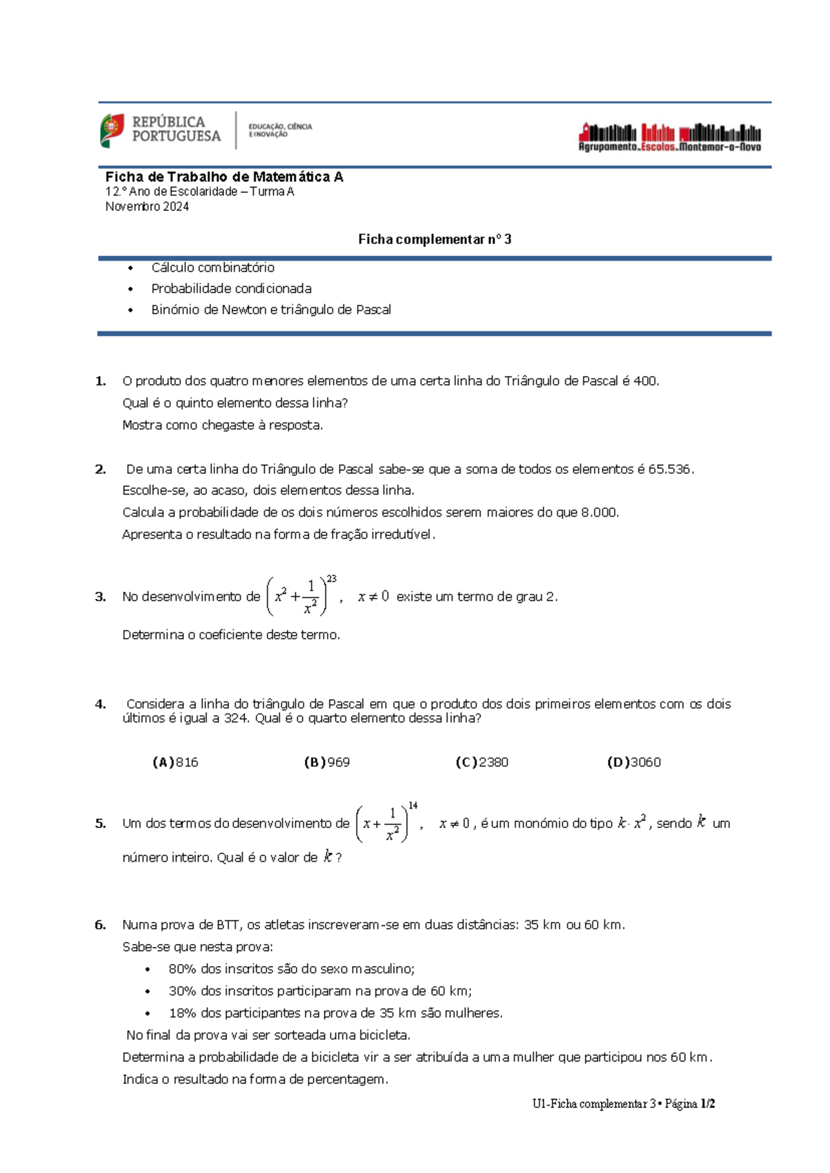 Exercícios de matemática - U1-Ficha complementar 3 • Página 1 / 2 Ficha de Trabalho de ...