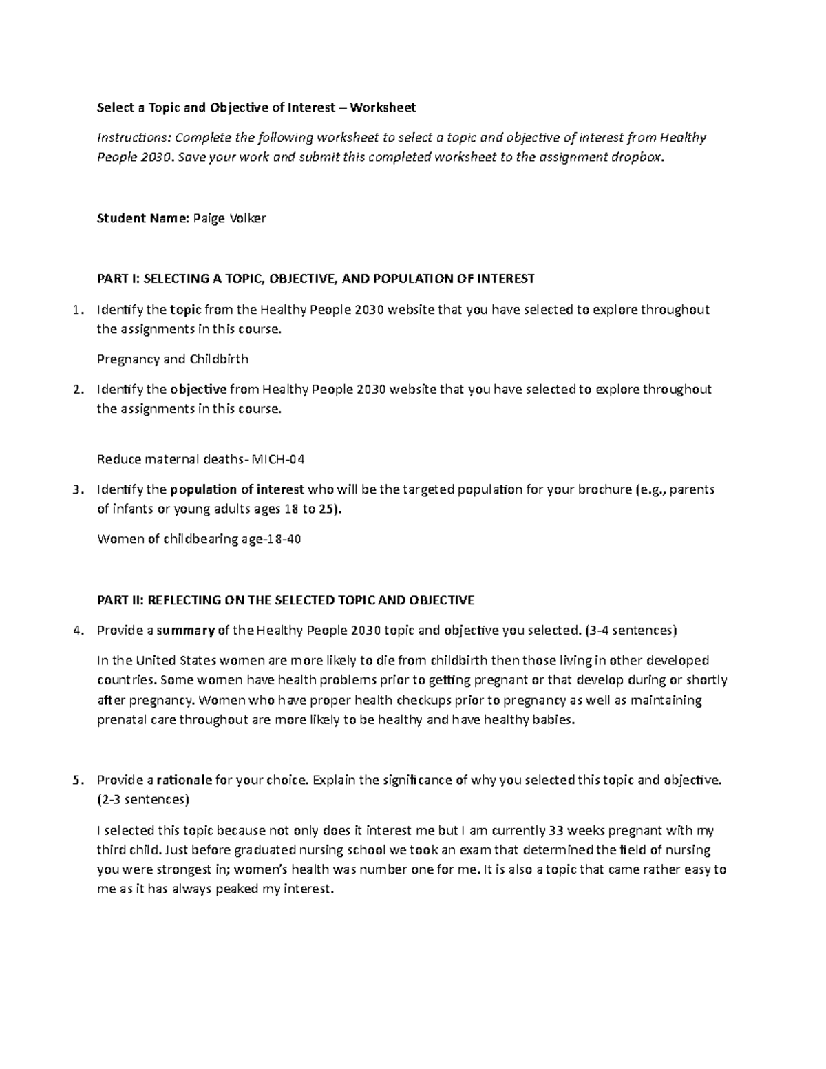 Topic Selection Worksheet Paige Volker - Select a Topic and Objective ...