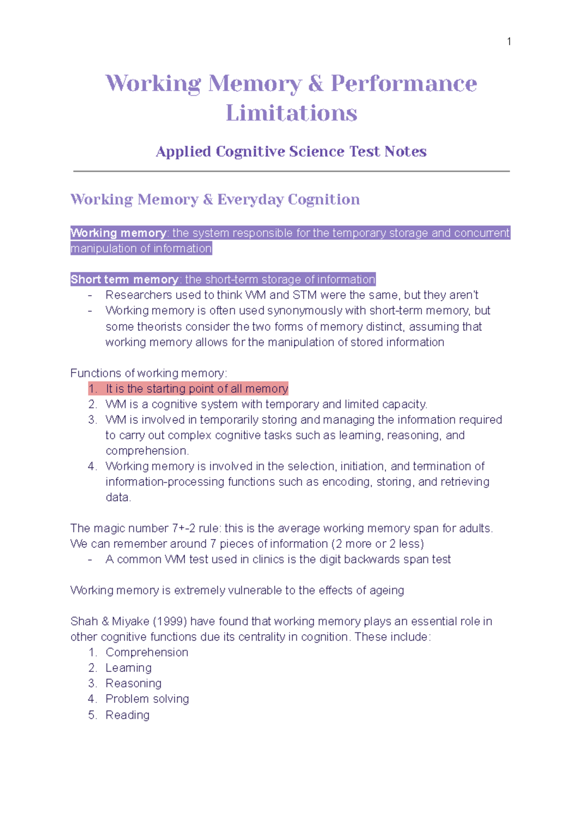 Working Memory And Performance Limitations Working Memory And Performance Limitations Applied