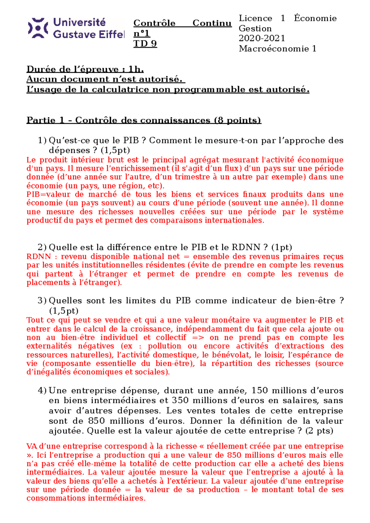 CC1 n°9 macroéconomie - Contrôle Continu n° TD 9 Licence 1 Économie Gestion 2020- Macroéconomie ...