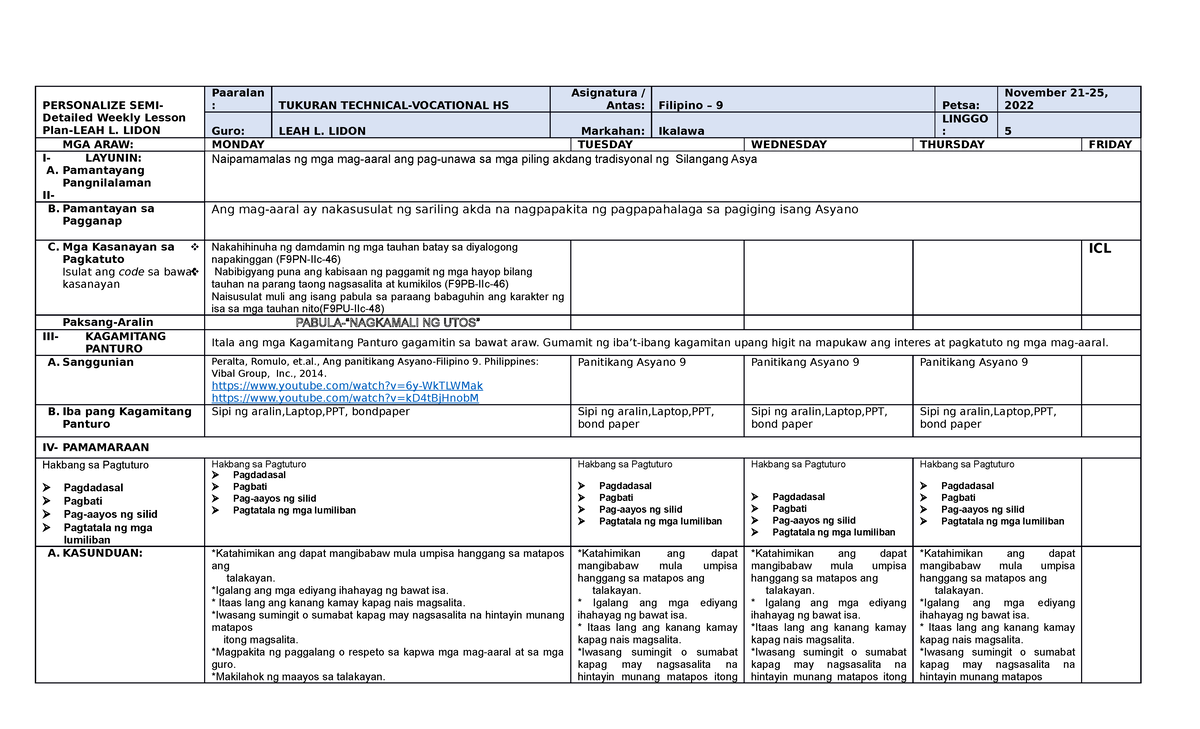 Peronalize WLP- Template - PERSONALIZE SEMI- Detailed Weekly Lesson ...