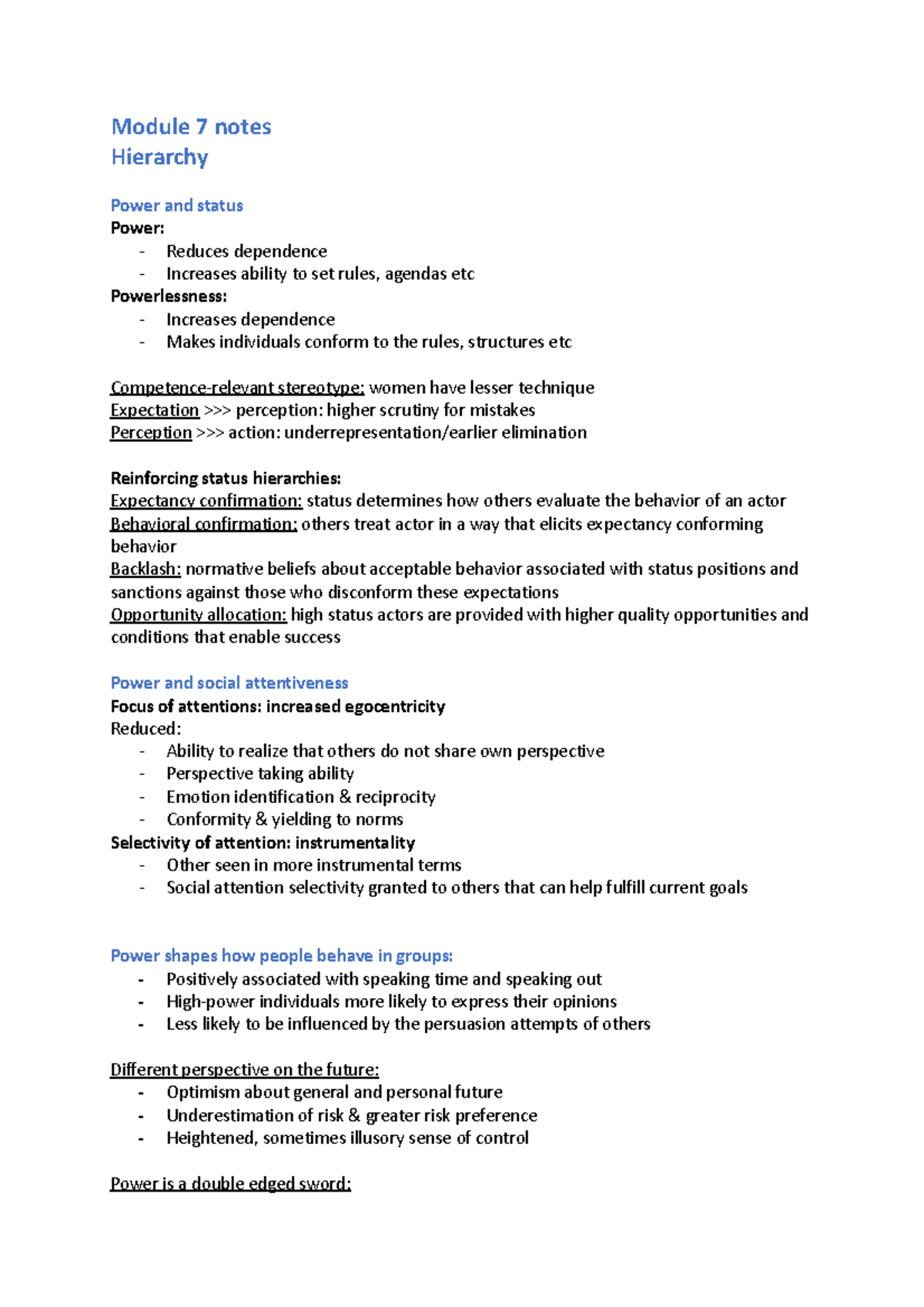 Module 7 notes - Module 7 notes Hierarchy Power and status Power ...