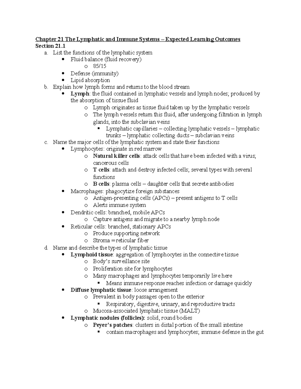 Ch 21 The Lymphatic and Immune Systems - a. List the functions of the ...