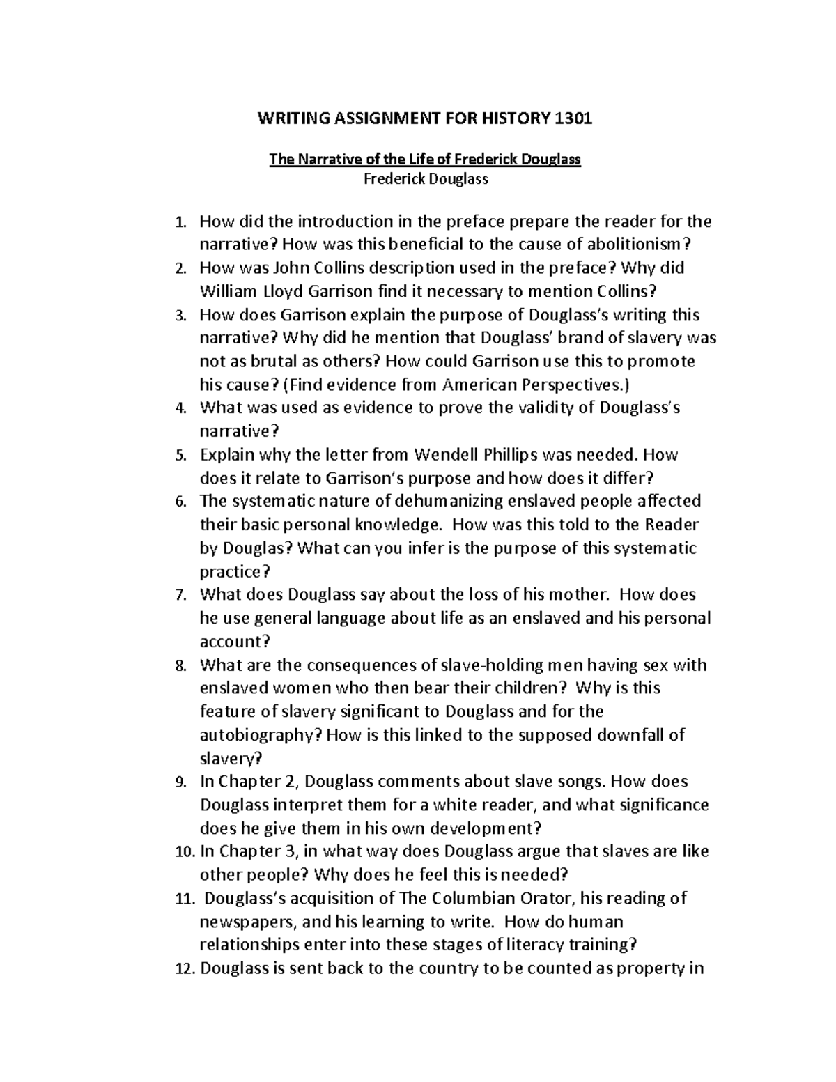 The Narraitive of the Life of Frederick Douglass Monograph - WRITING ...