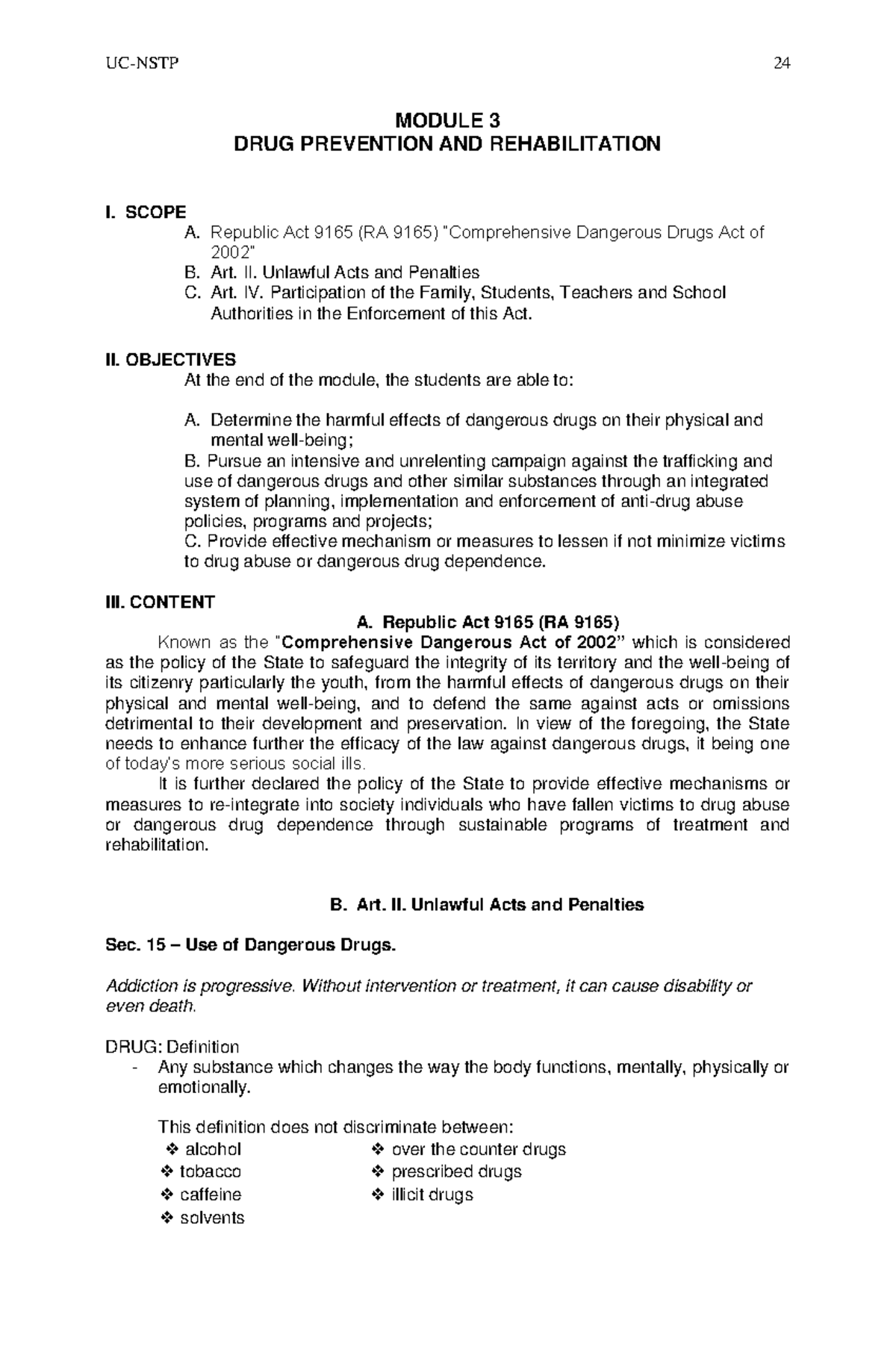 Module 3 DRUG Prevention - MODULE 3 DRUG PREVENTION AND REHABILITATION ...