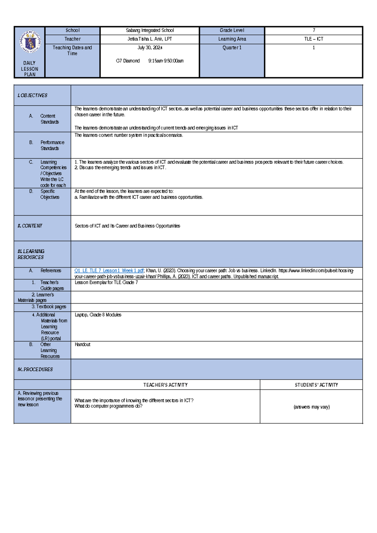 TLE-7-DLP-Q1 L2- Variuos ICT Sectors - DAILY LESSON PLAN School Sabang ...