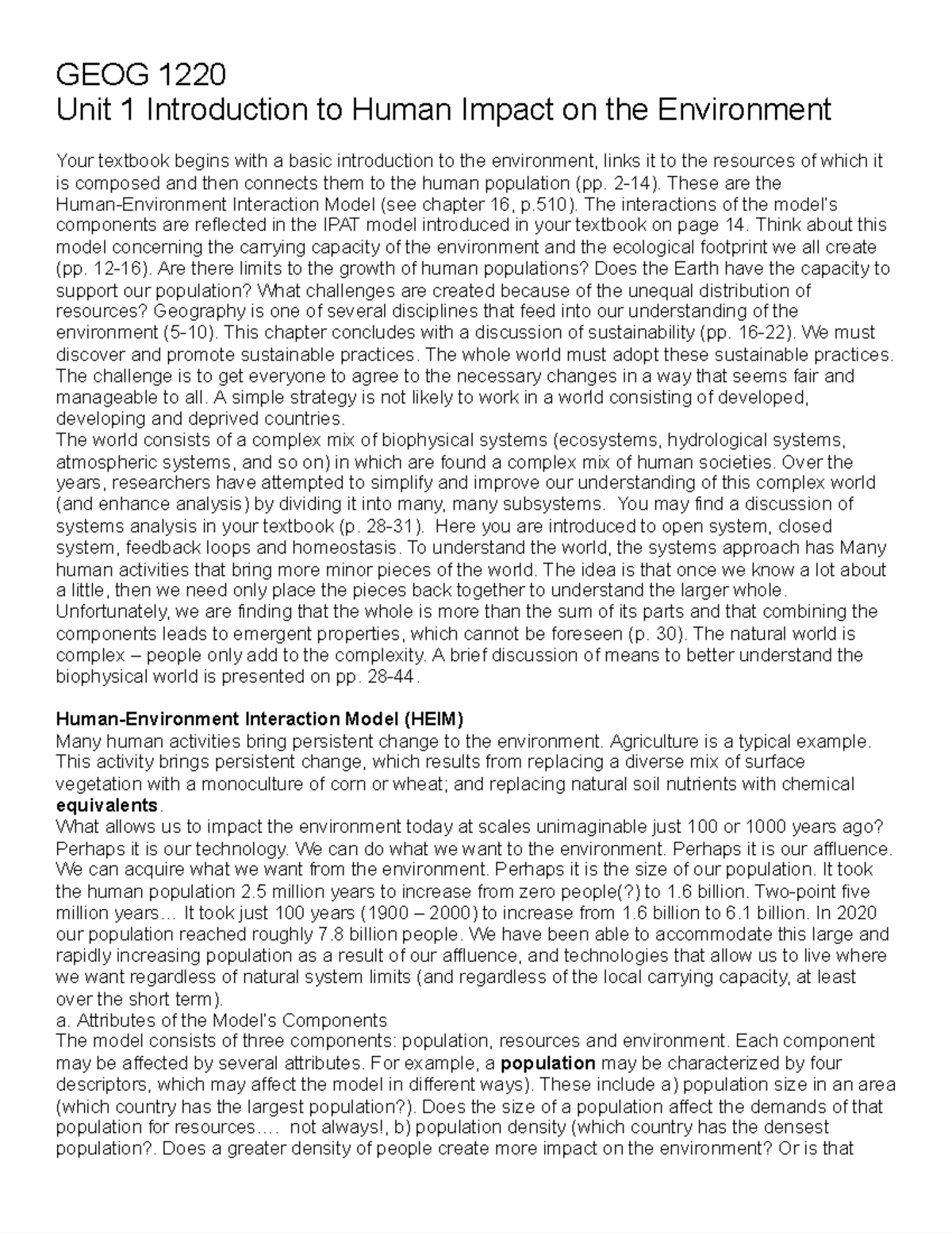 GEOG1220 DE notes summary - GEOG 1220 Unit 1 Introduction to Human ...