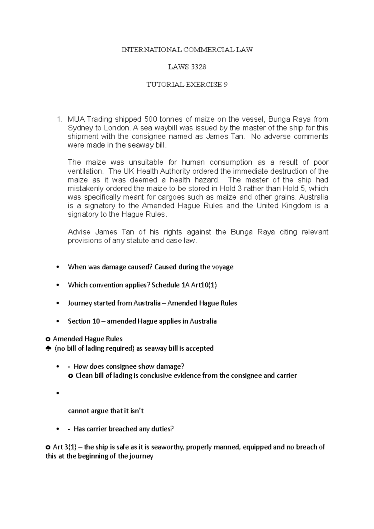 Tutorial 9-2 - tut 9 - INTERNATIONAL COMMERCIAL LAW LAWS 3328 TUTORIAL ...