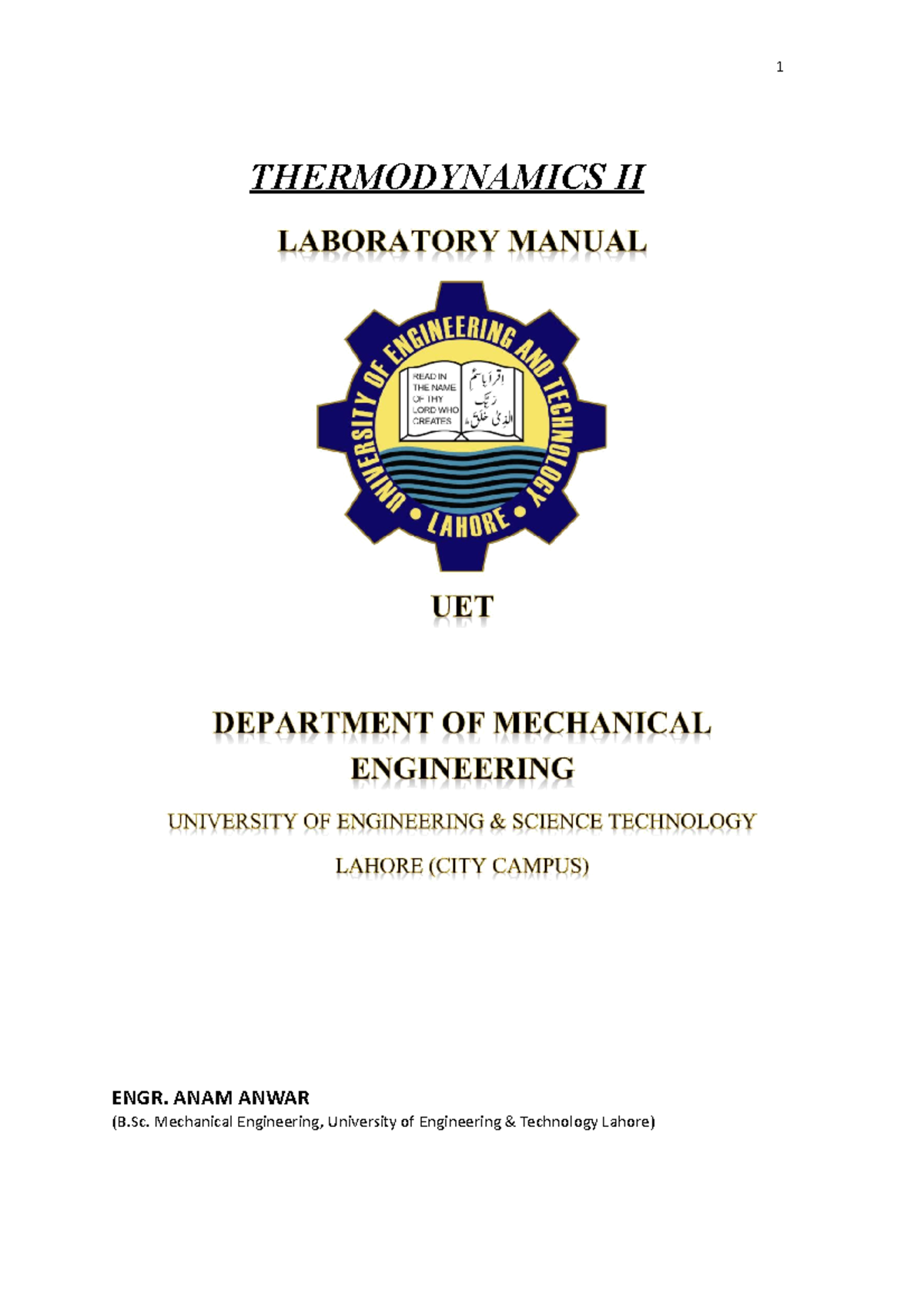 Thermodynamics II manual - 1 THERMODYNAMICS II ENGR. ANAM ANWAR (B. Mechanical Engineering ...