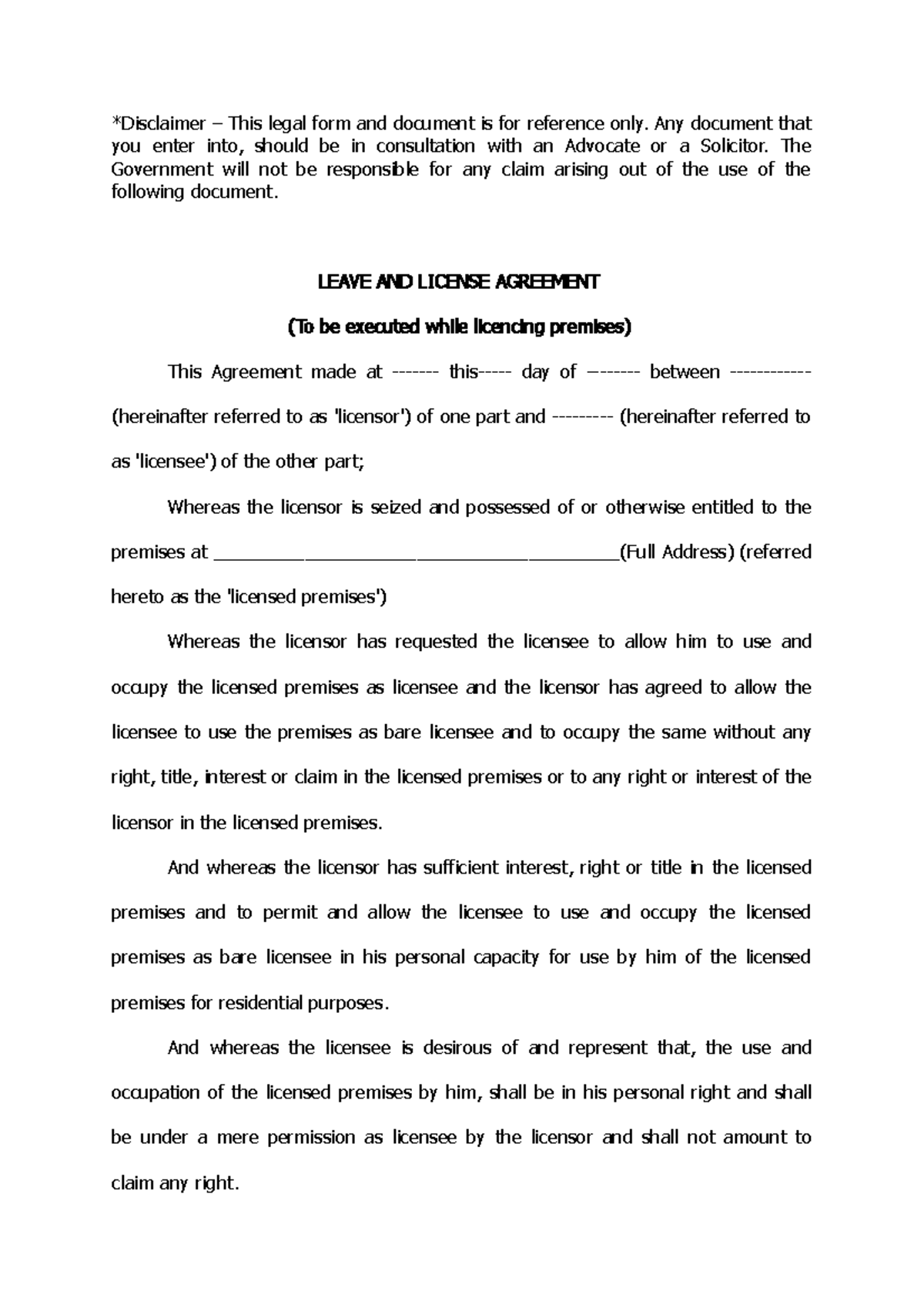 Leave and License Agreement - *Disclaimer – This legal form and ...