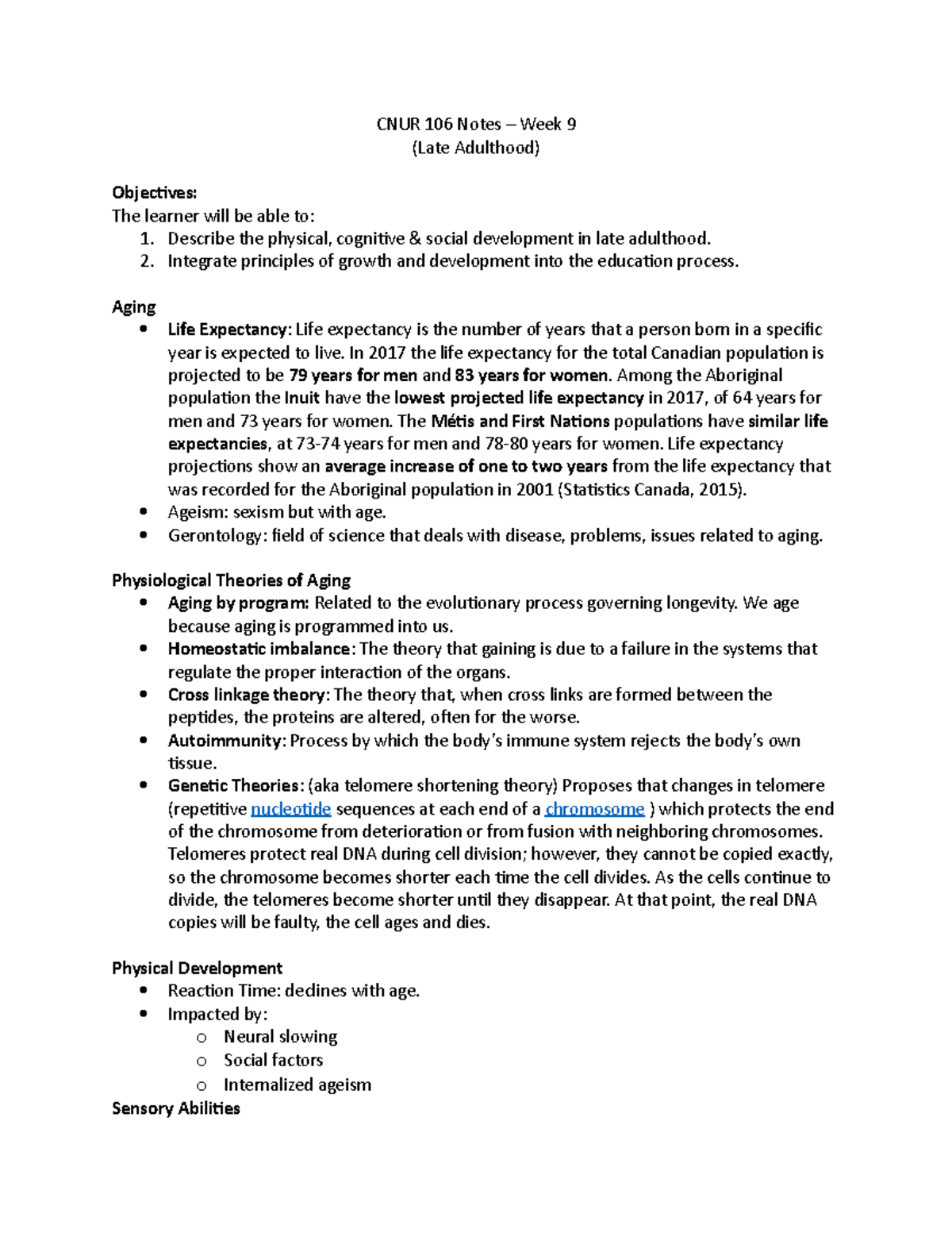 CNUR 106 Notes Week 9 - CNUR 106 Notes – Week 9 (Late Adulthood ...
