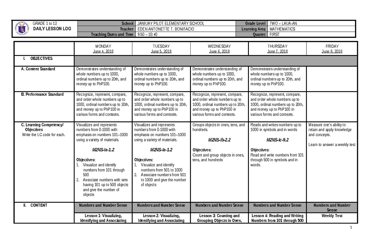 MATH Week 1 1st - teacher - GRADE 1 to 12 DAILY LESSON LOG School ...