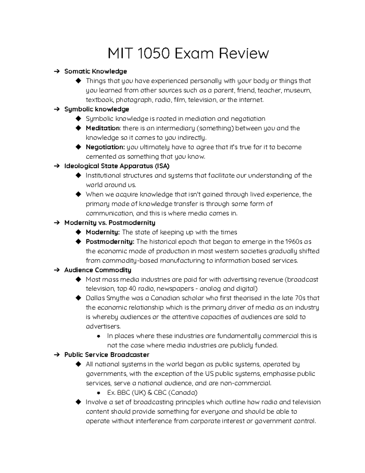 MIT 1050 - Final exam notes - MIT 1050 Exam Review Somatic Knowledge ...