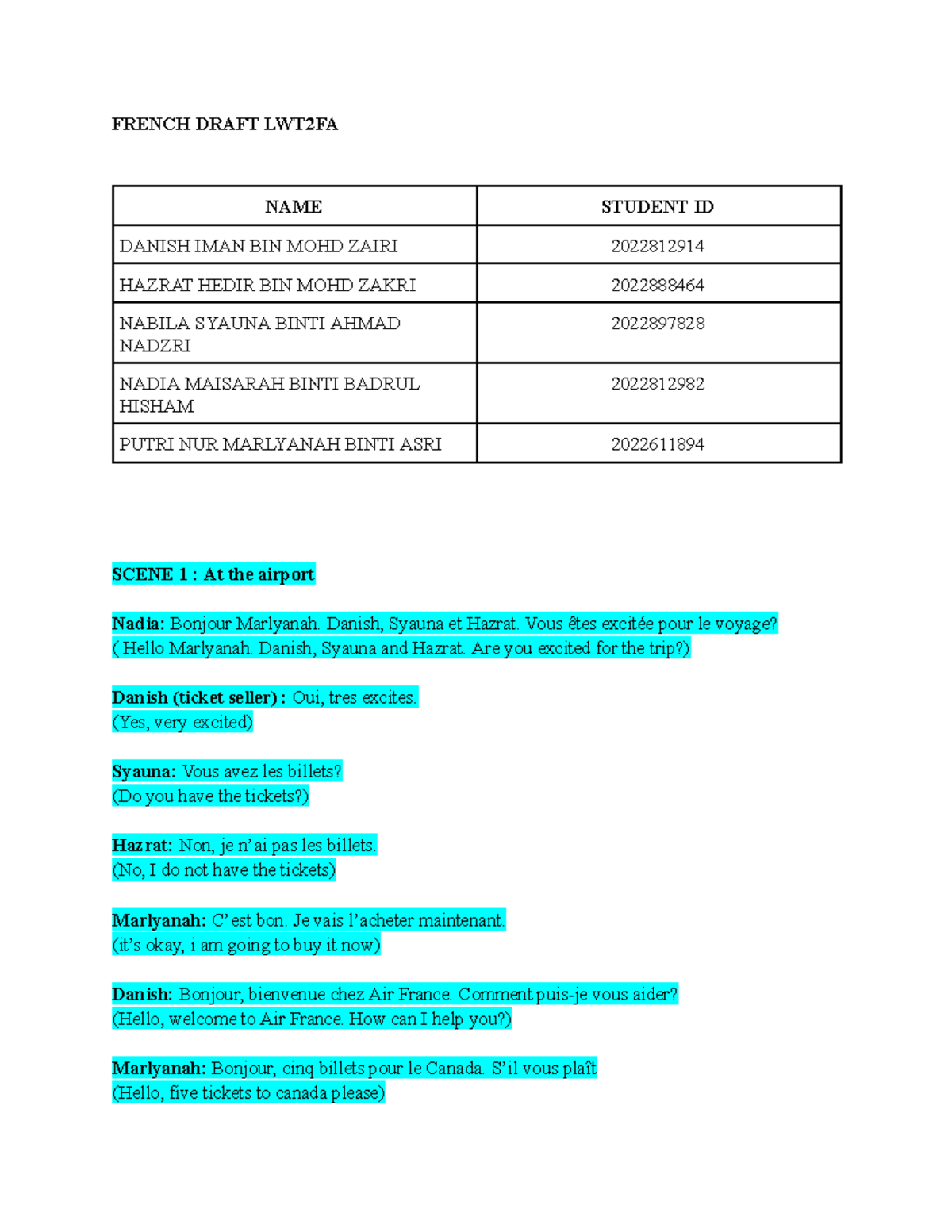 Draft for French Roleplay Script - FRENCH DRAFT LWT2FA NAME STUDENT ID ...