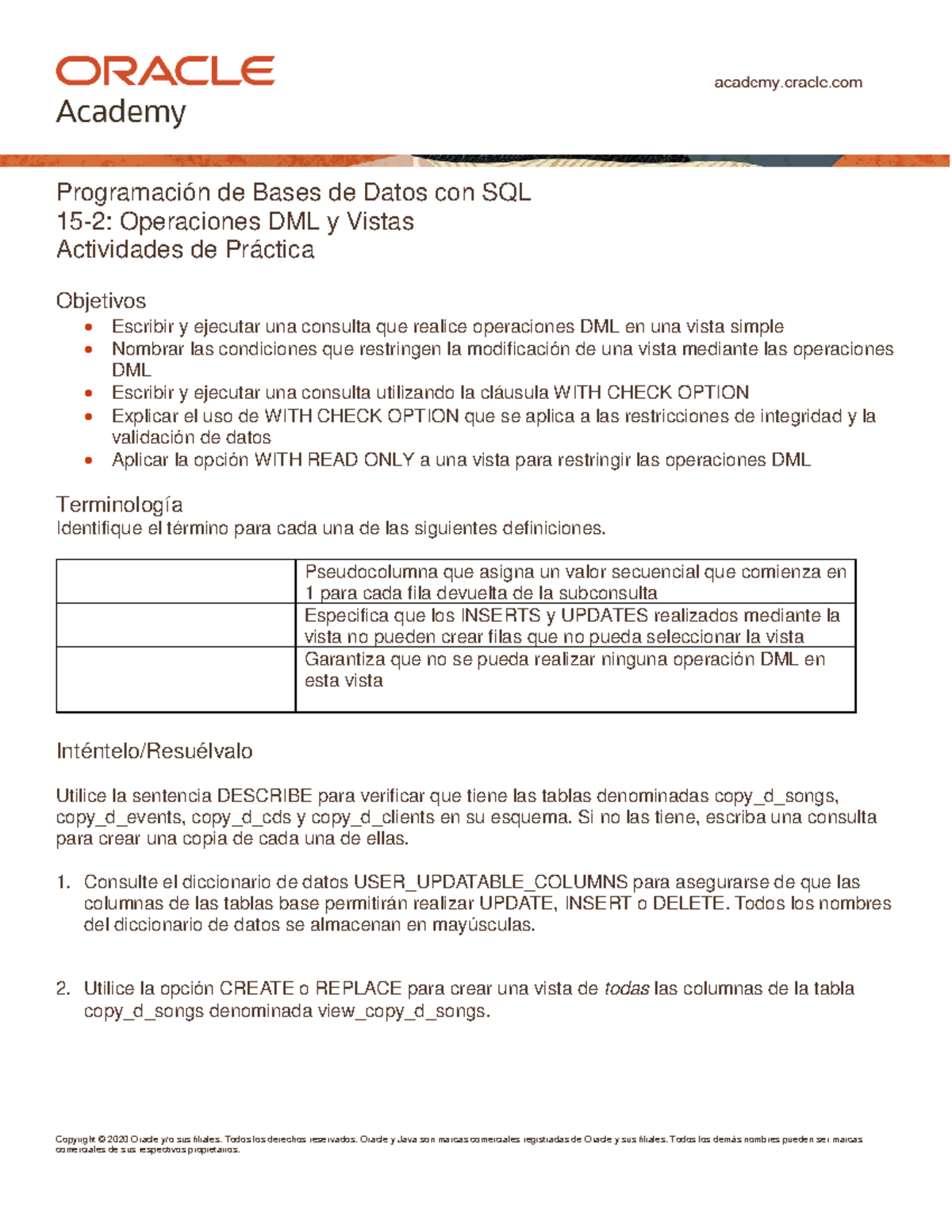 DP 15 2 Practice esp - Teoria - Copyright © 2020 Oracle y/o sus ...