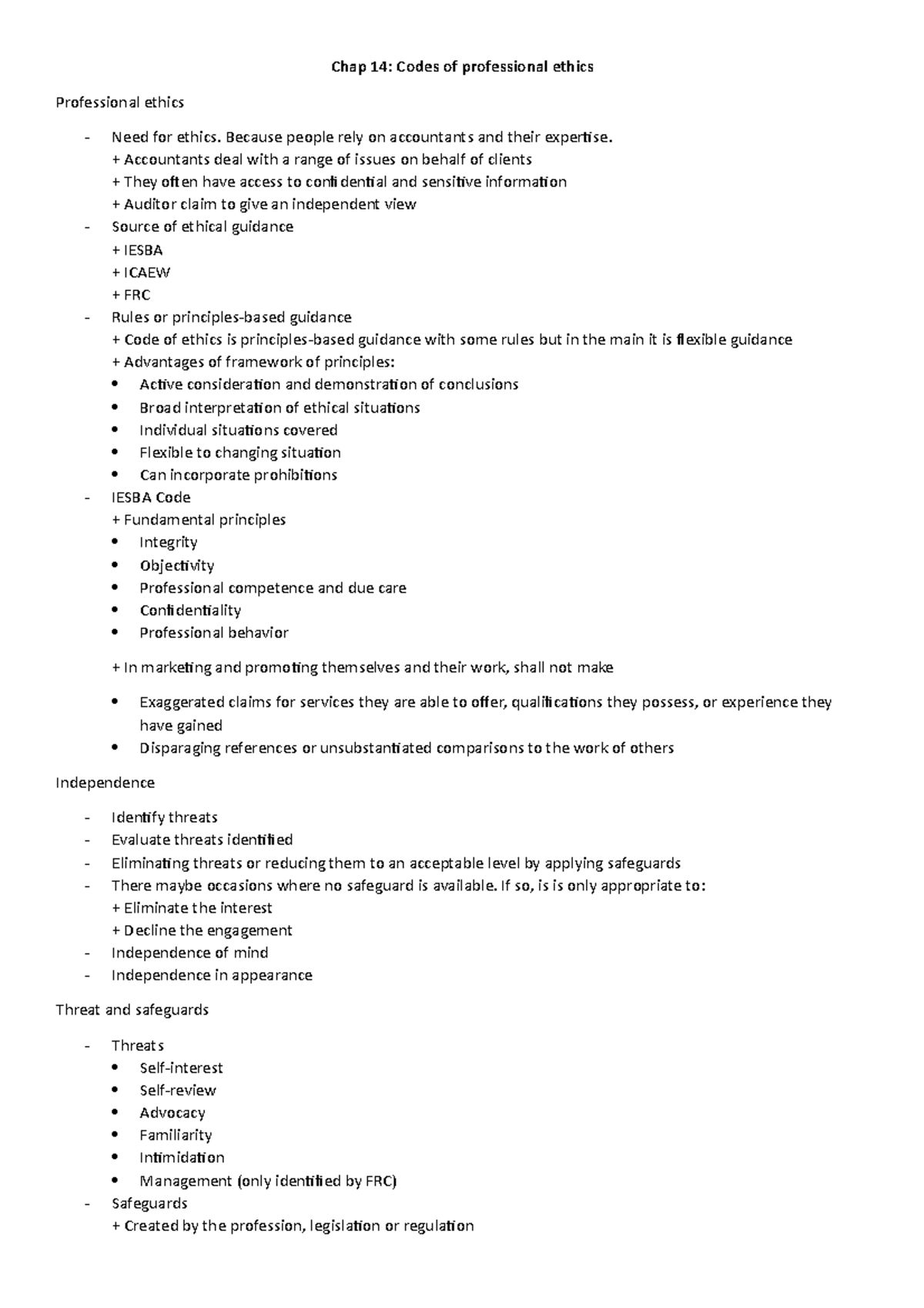 Summary note of assurance - Chap 14 - 16 - Chap 14: Codes of ...