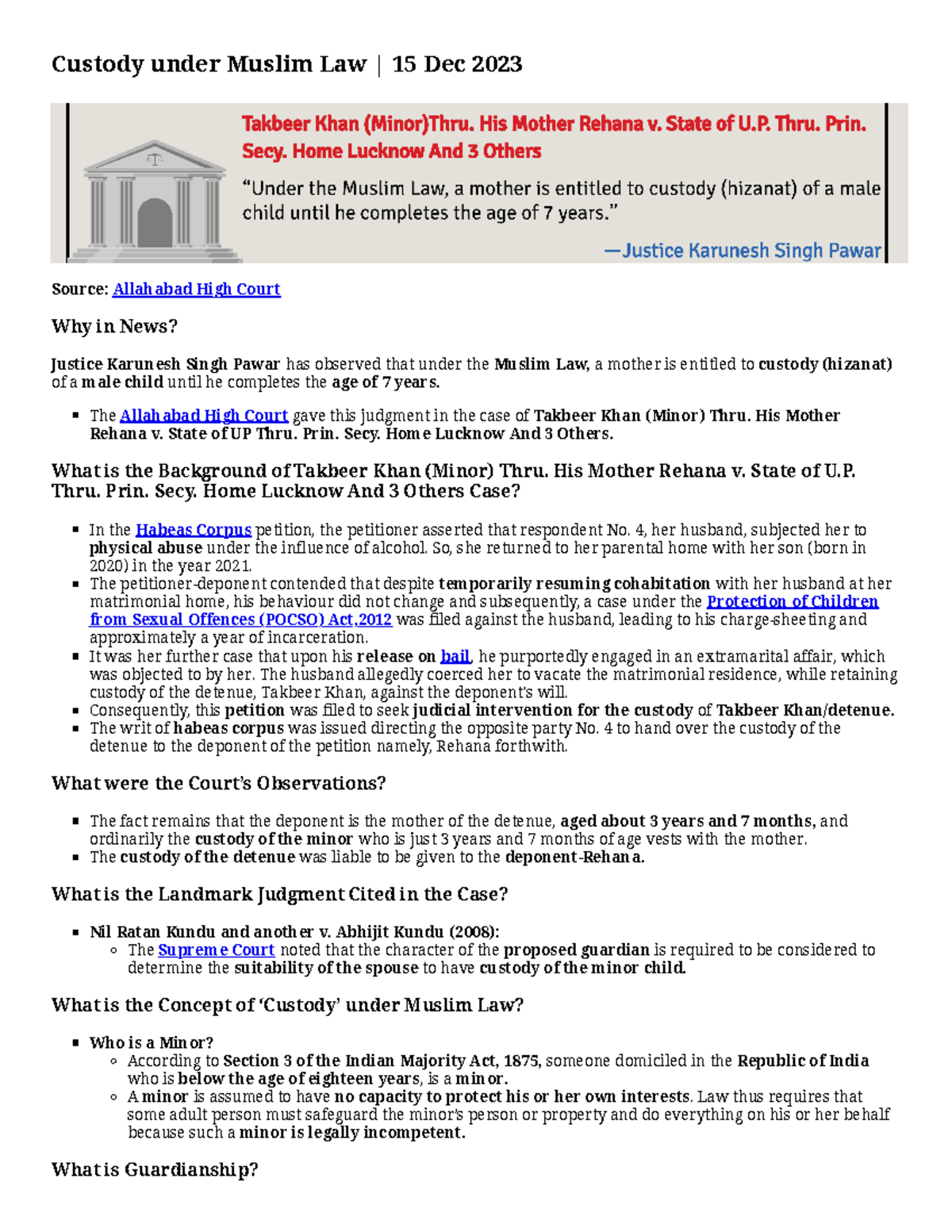 Drishtijudiciary - Ba llb notes of 5 years ba llb - Custody under ...