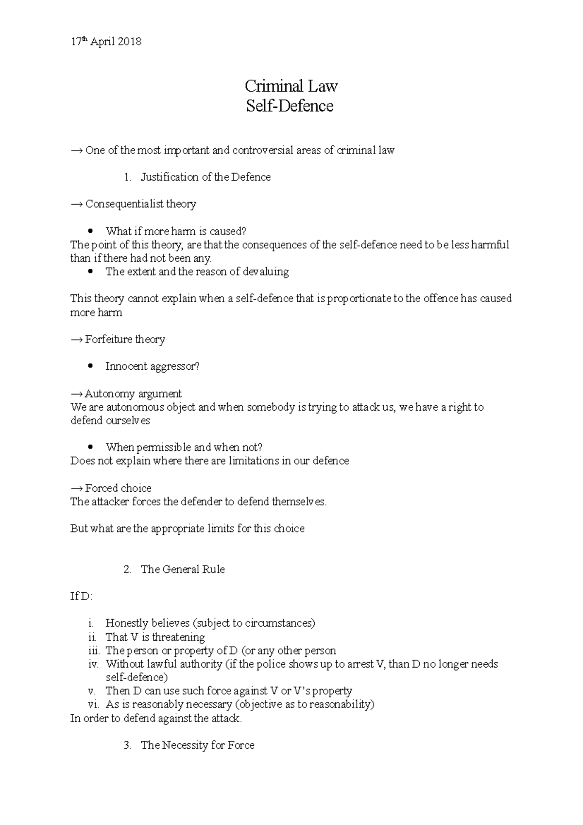 Criminal Law - Self-Defence - 17th April 2018 Criminal Law One of the ...