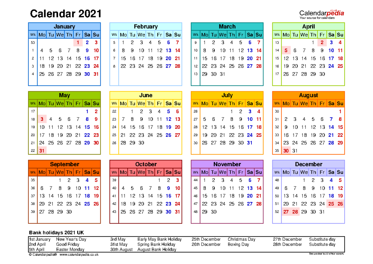 Calendar 2021 landscape year at a glance in colour - Calendar 2021 W k ...