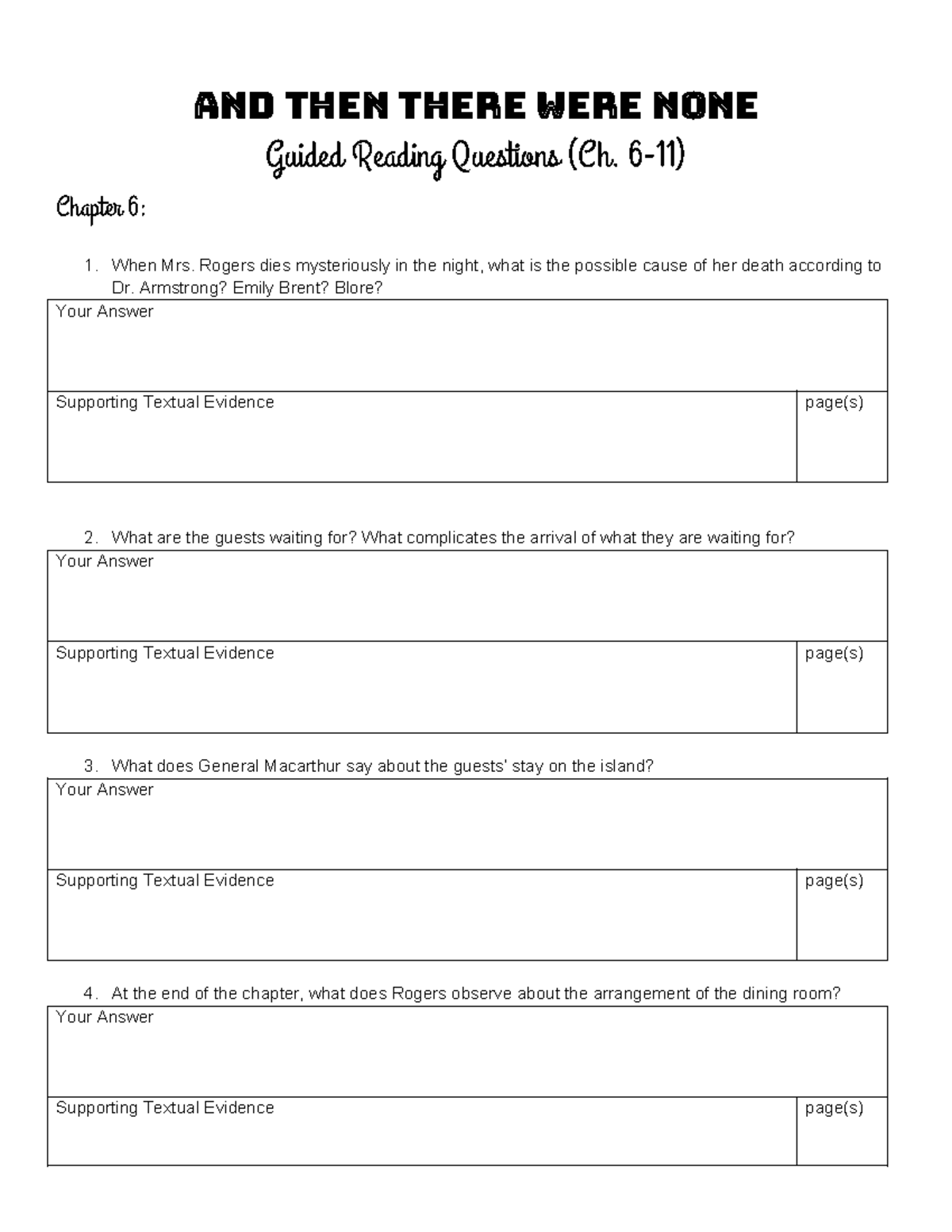 Attwn Reading Questions Chapters 6-11 - And Then There Were None Guided ...