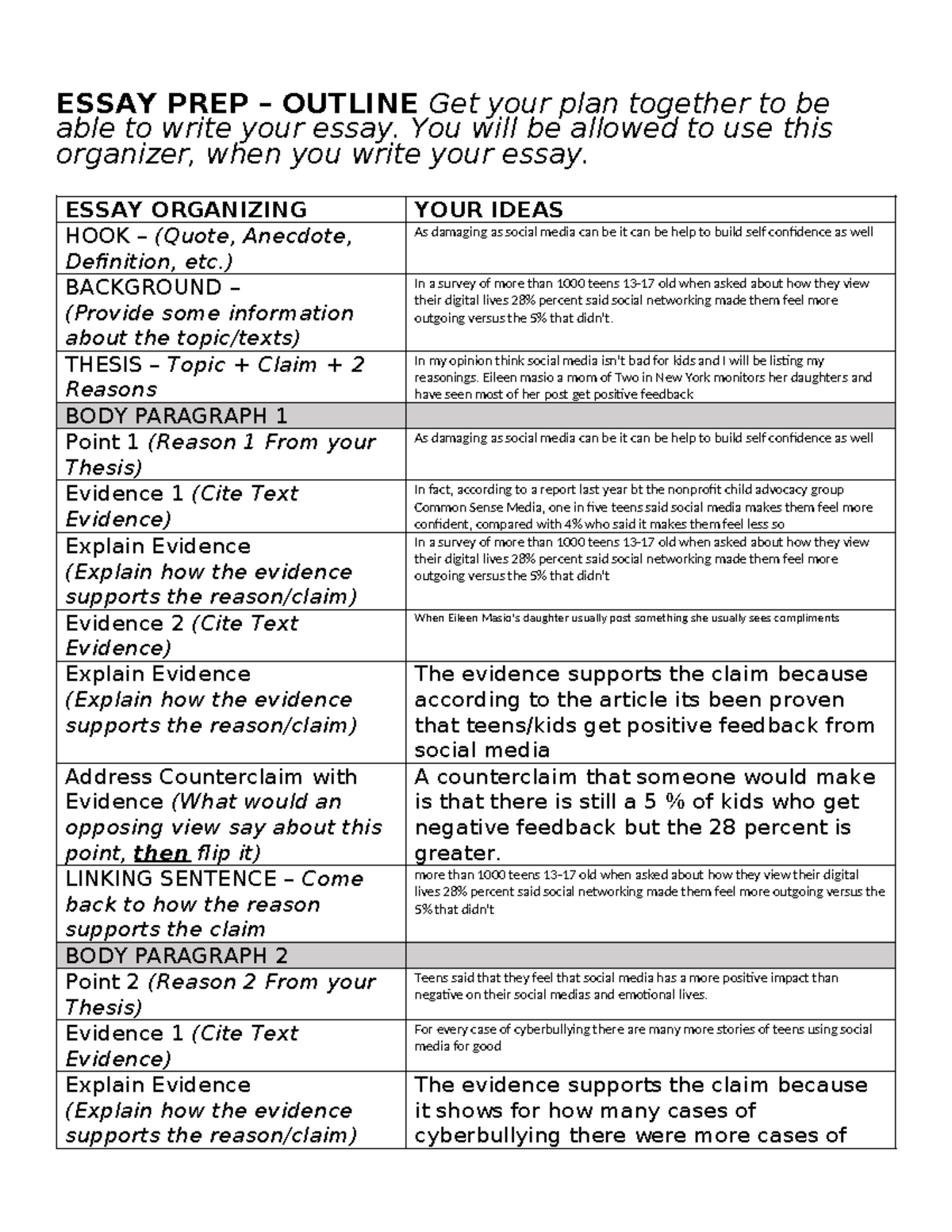 Argumentative Essay planning sheet - ESSAY PREP – OUTLINE Get your plan ...