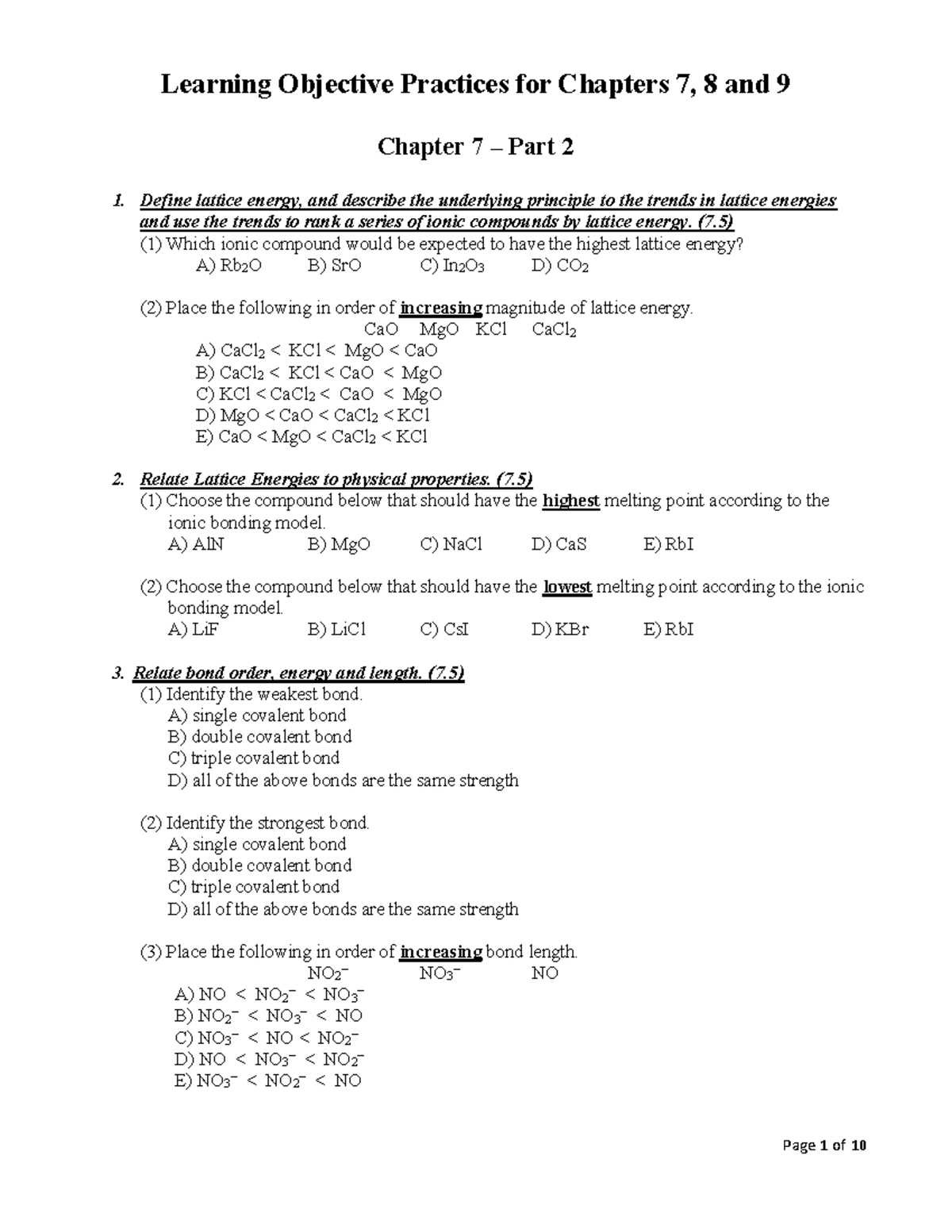 Learning Objective Practices for Chapters 7, 8 and 9 without answers ...