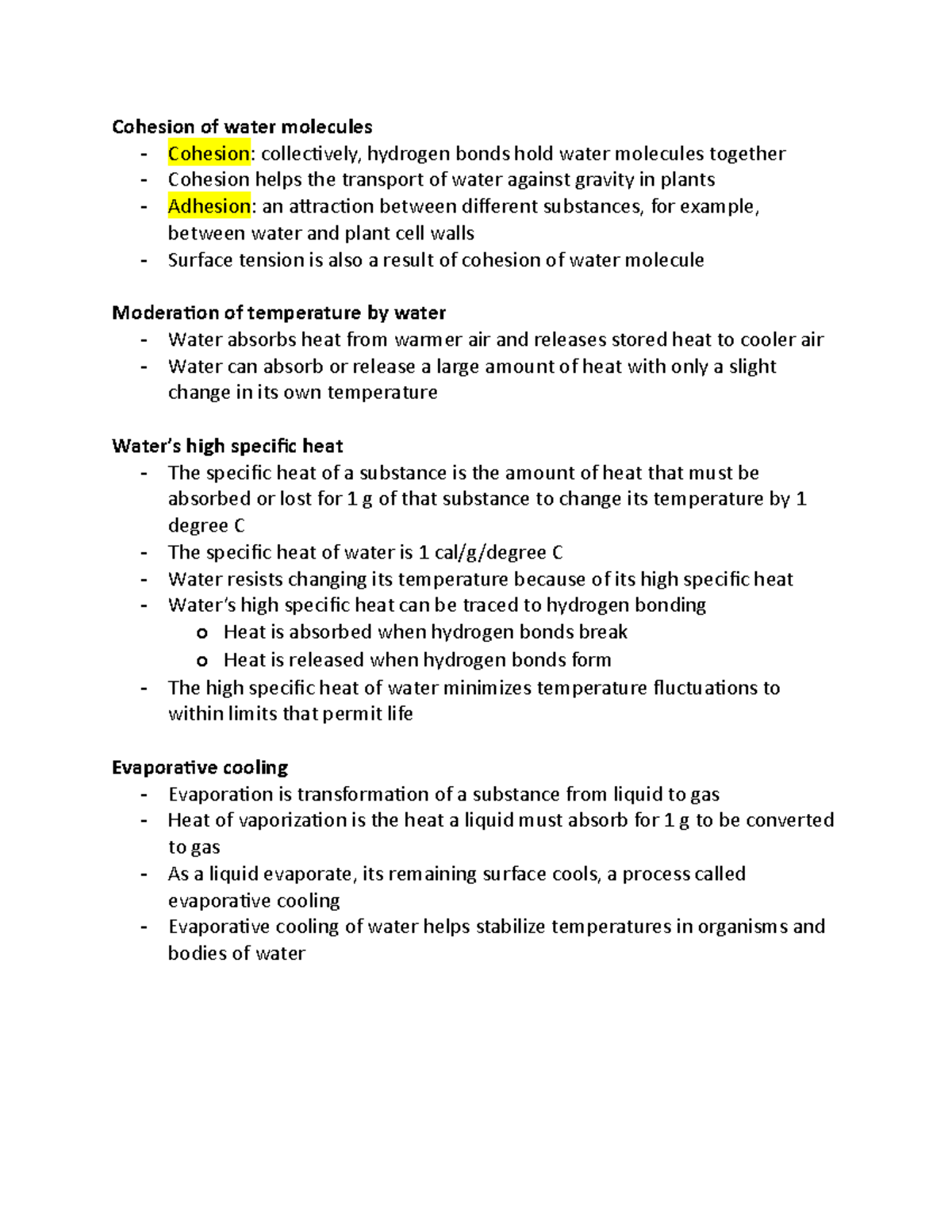 Chapter 3 notes - Cohesion of water molecules - Cohesion: collectively ...