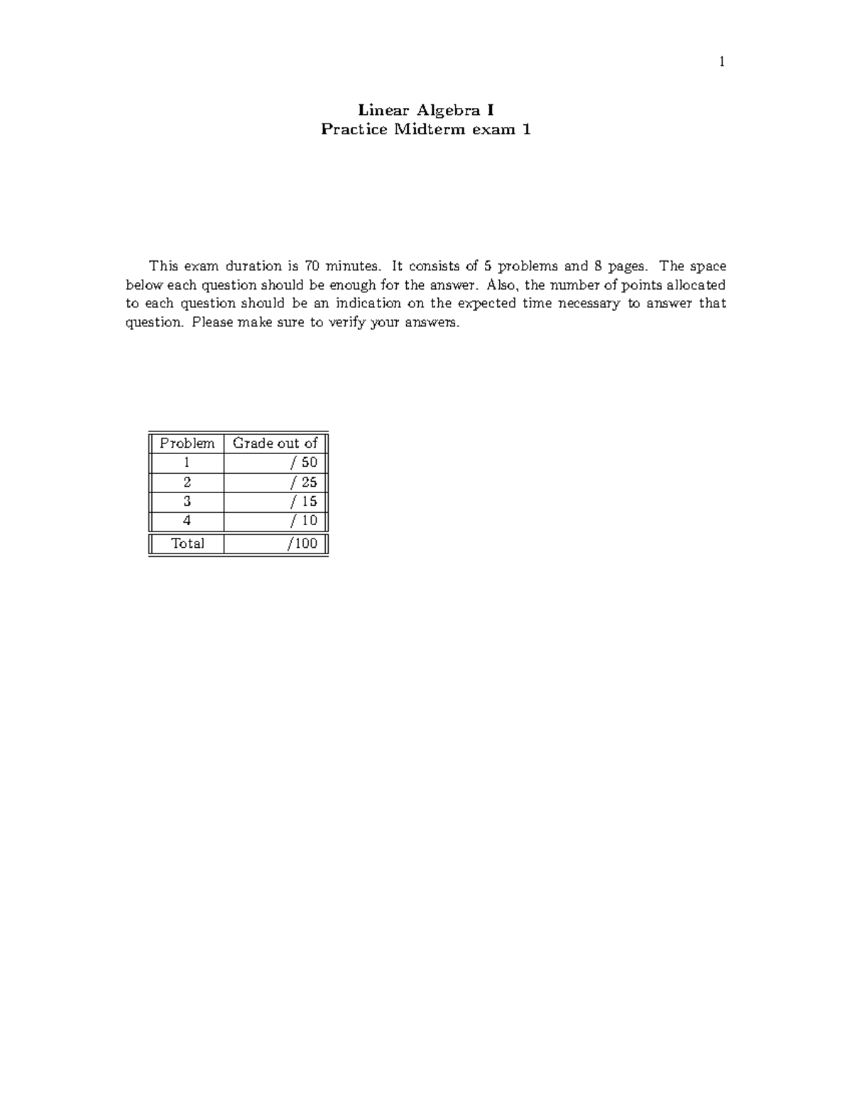Practice Midterm 1 Linear Algebra I Practice Midterm Exam 1 This Exam Duration Is 70 Minutes 