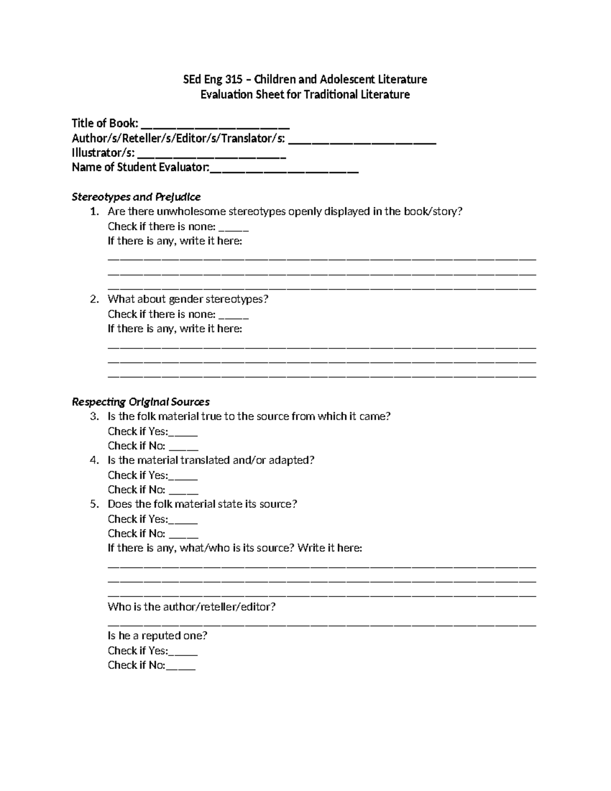 SEd Eng 315 Book Evaluation Sheets - SEd Eng 315 – Children and ...
