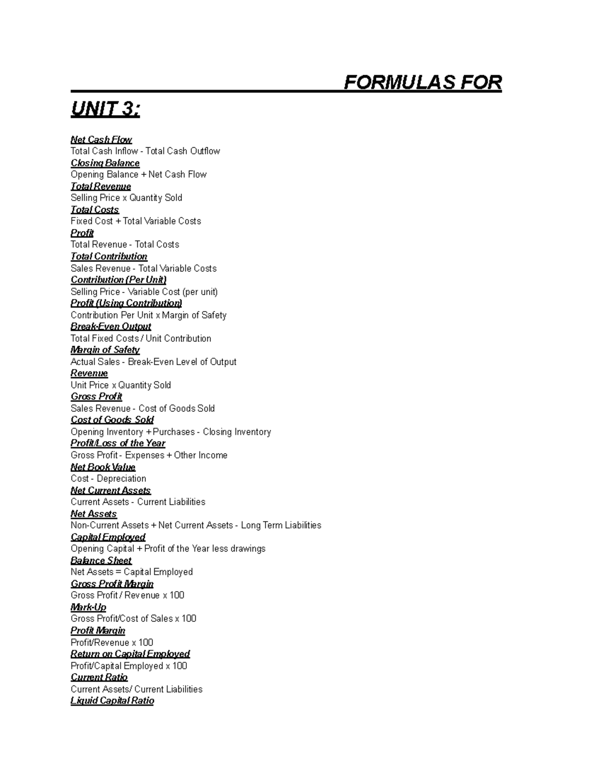 UNIT 3 - Formulae Sheet AND Revision Resourses - FORMULAS FOR UNIT 3: Net Cash Flow Total Cash ...