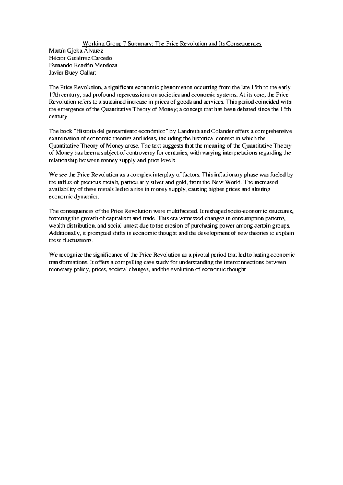 Trabajo Historia - Working Group 7 Summary: The Price Revolution and ...