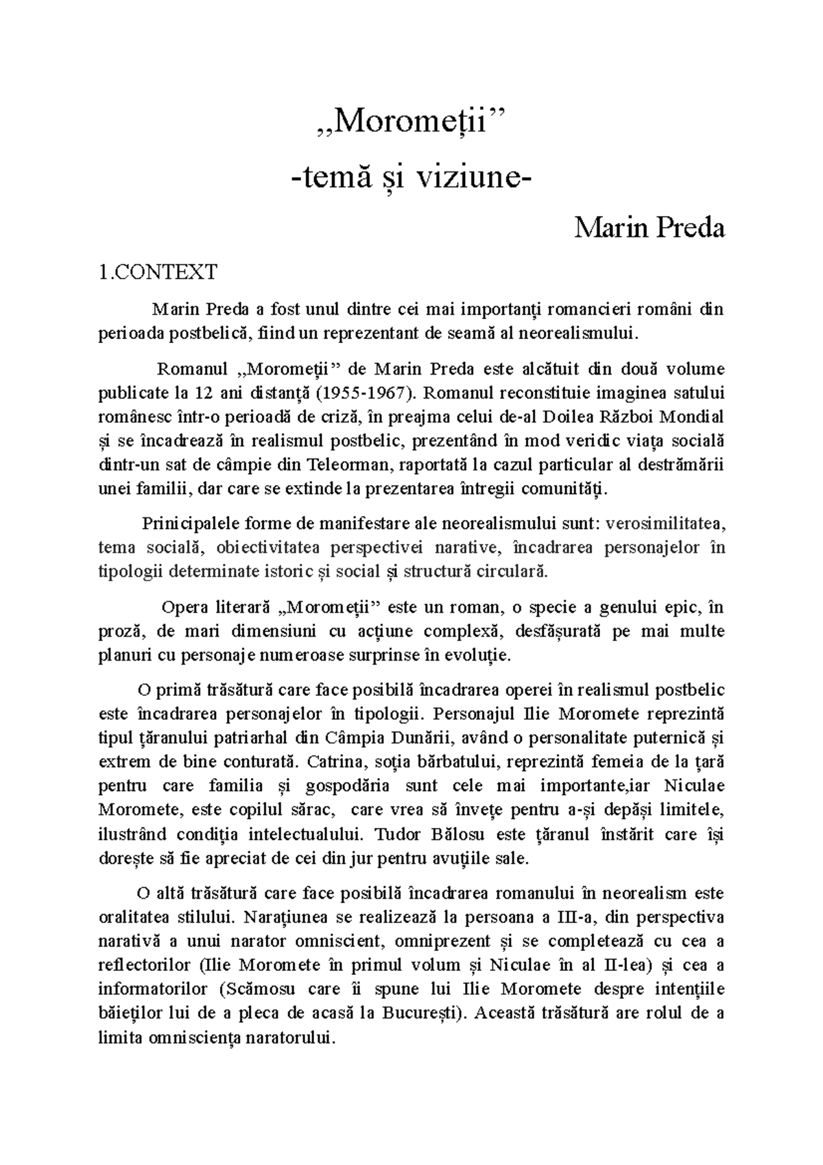 Morometii Marin Preda - ,,Moromeții’’ -temă și viziune- Marin Preda 1 ...