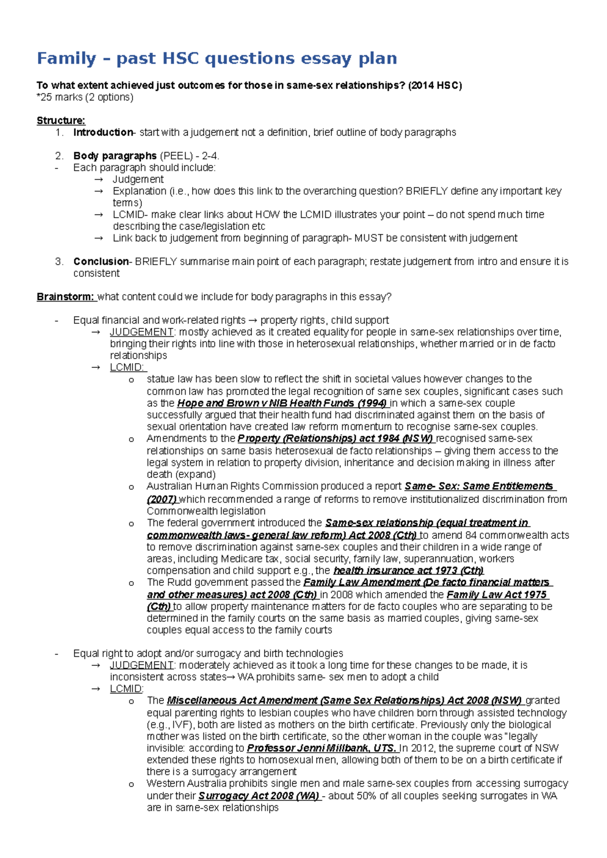 Family essay planning - Family – past HSC questions essay plan To what ...