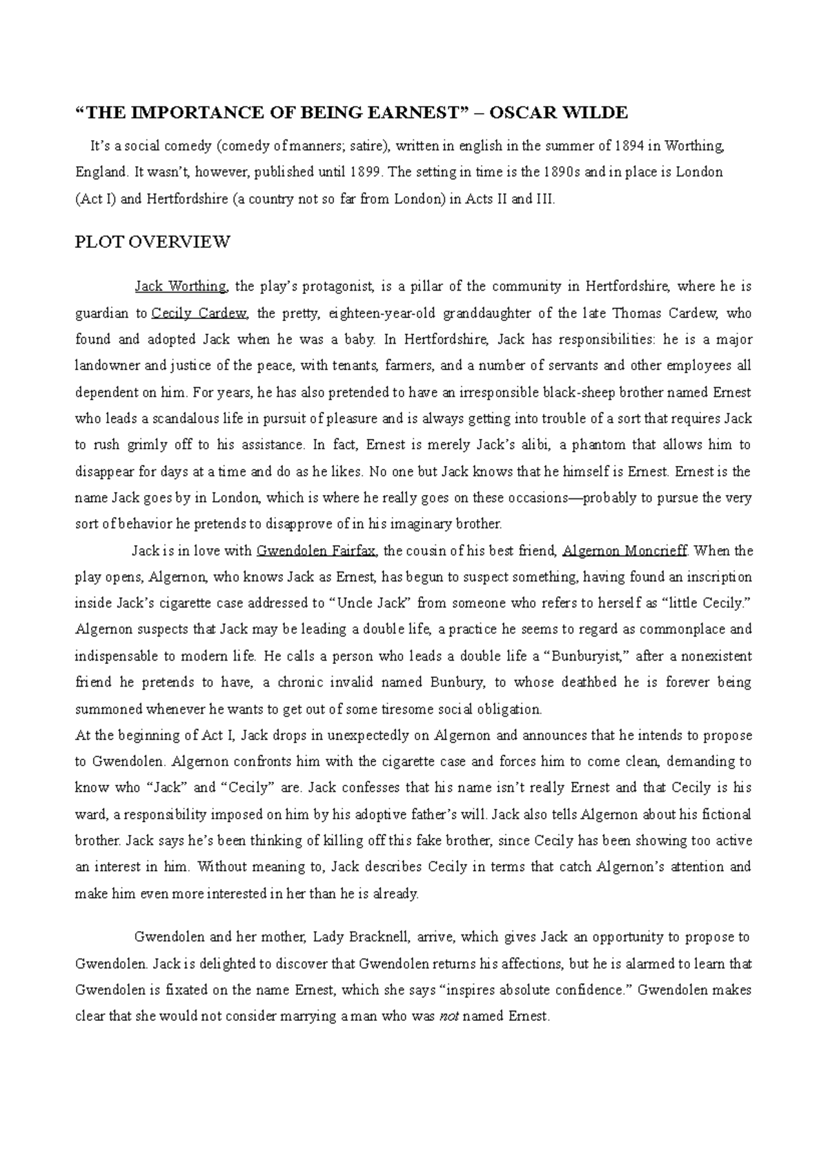 THE Importance OF Being Earnest - Oscar Wilde - IMPORTANCE OF BEING ...