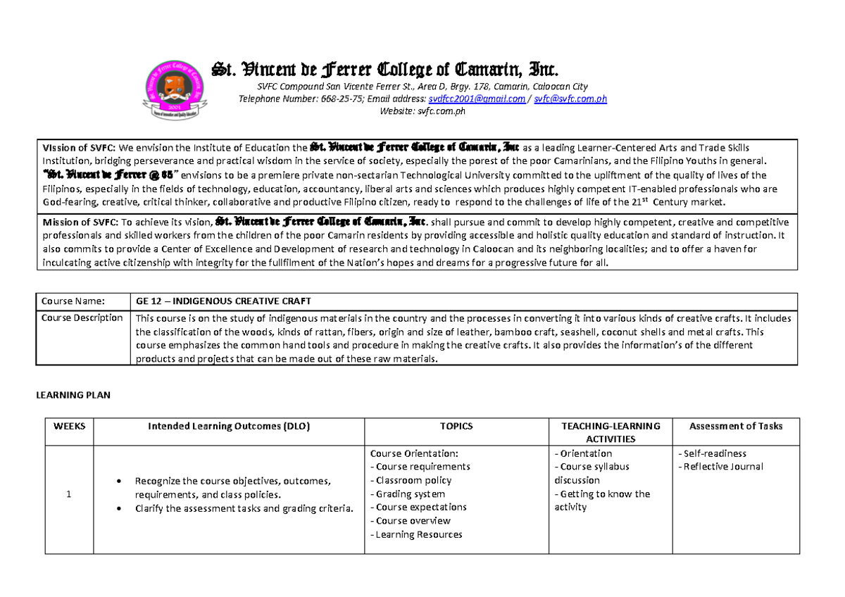 GE 12 - Elective ( Indigenous Creative Crafts) Syllabus - St. Vincent ...