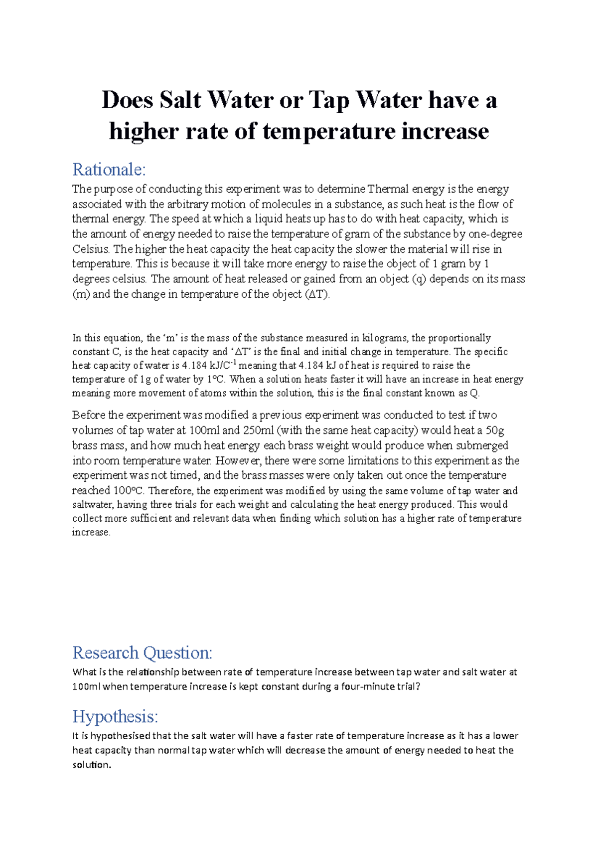 Final Temperatue Increase - Does Salt Water or Tap Water have a higher ...