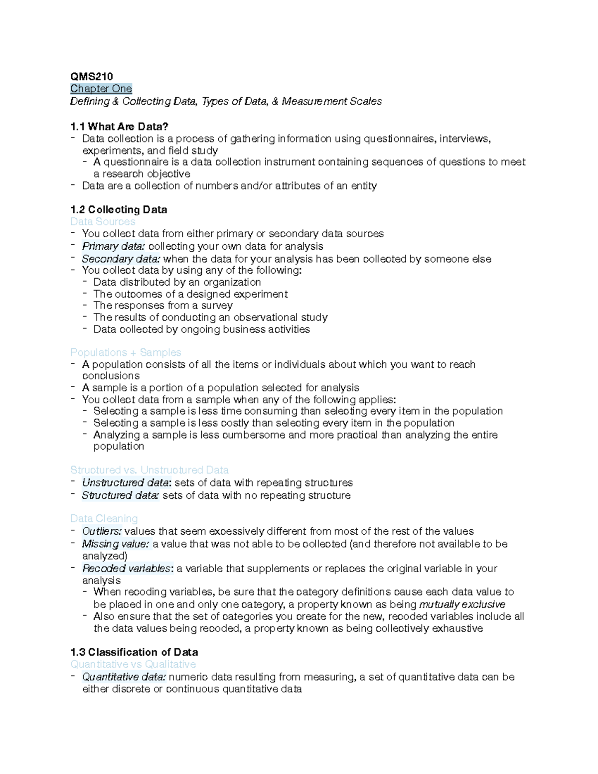 QMS210 Notebook - Week 1 - QMS Chapter One Defining & Collecting Data ...