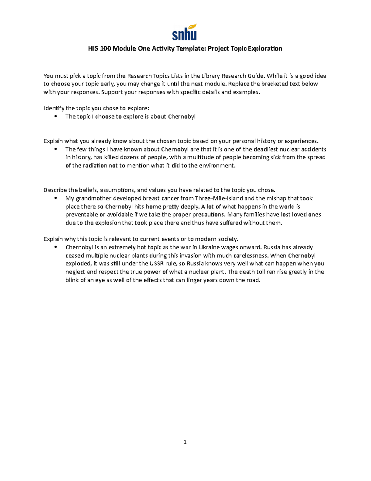 HIS 100 Module One Activity - While it is a good idea to choose your ...