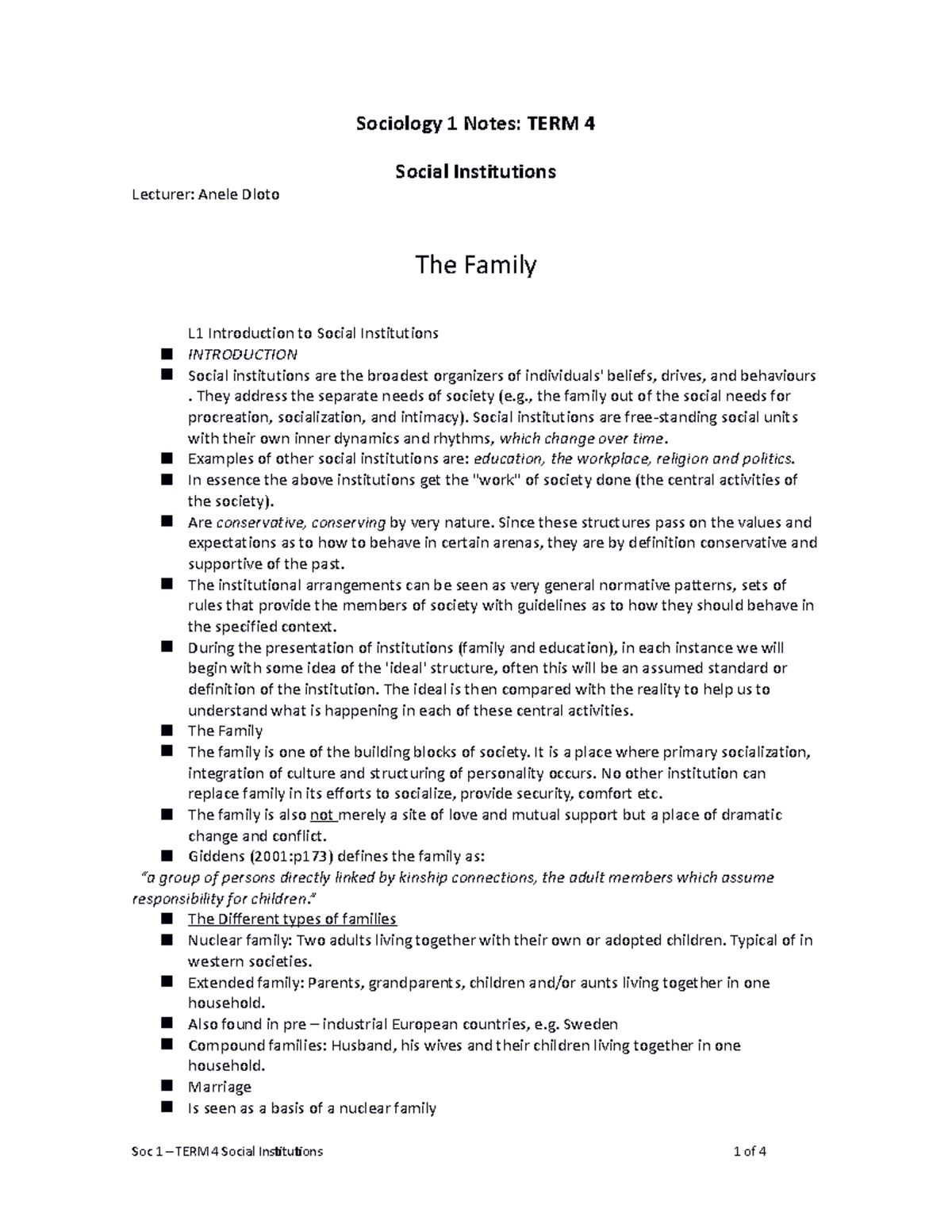 HO-Family(Intro) - Sociology 1 Notes: TERM 4 Social Institutions ...
