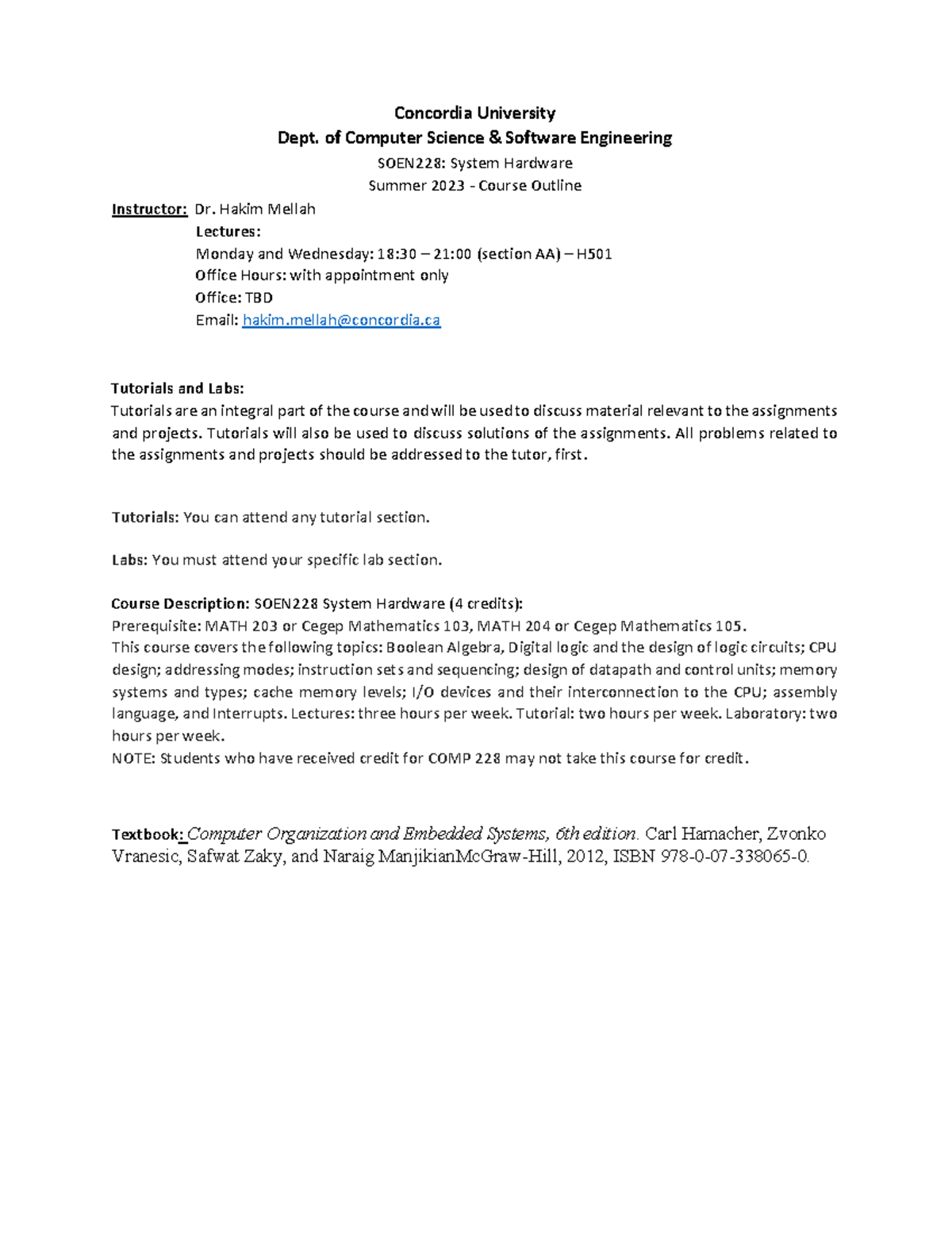 SOEN228 course outline S2023 - Concordia University Dept. of Computer Science & Software - Studocu