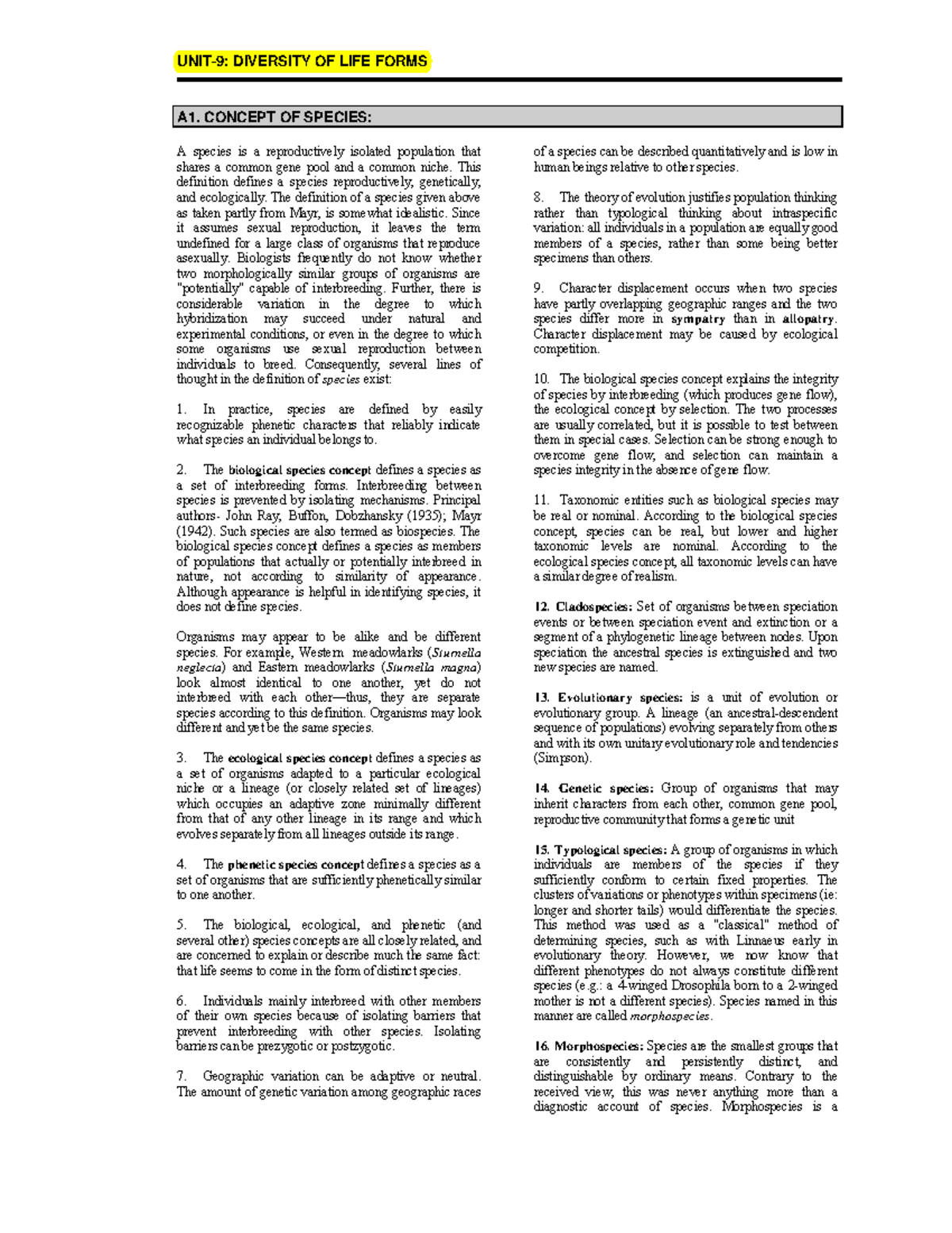 Taxonomy - UNIT-9: DIVERSITY OF LIFE FORMS A1. CONCEPT OF SPECIES: A ...
