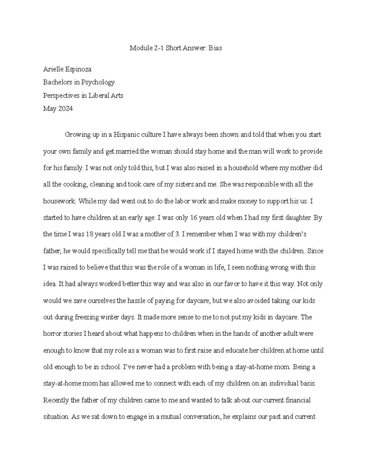 Module 2 Short Answer essay - Module 2-1 Short Answer: Bias Arielle ...