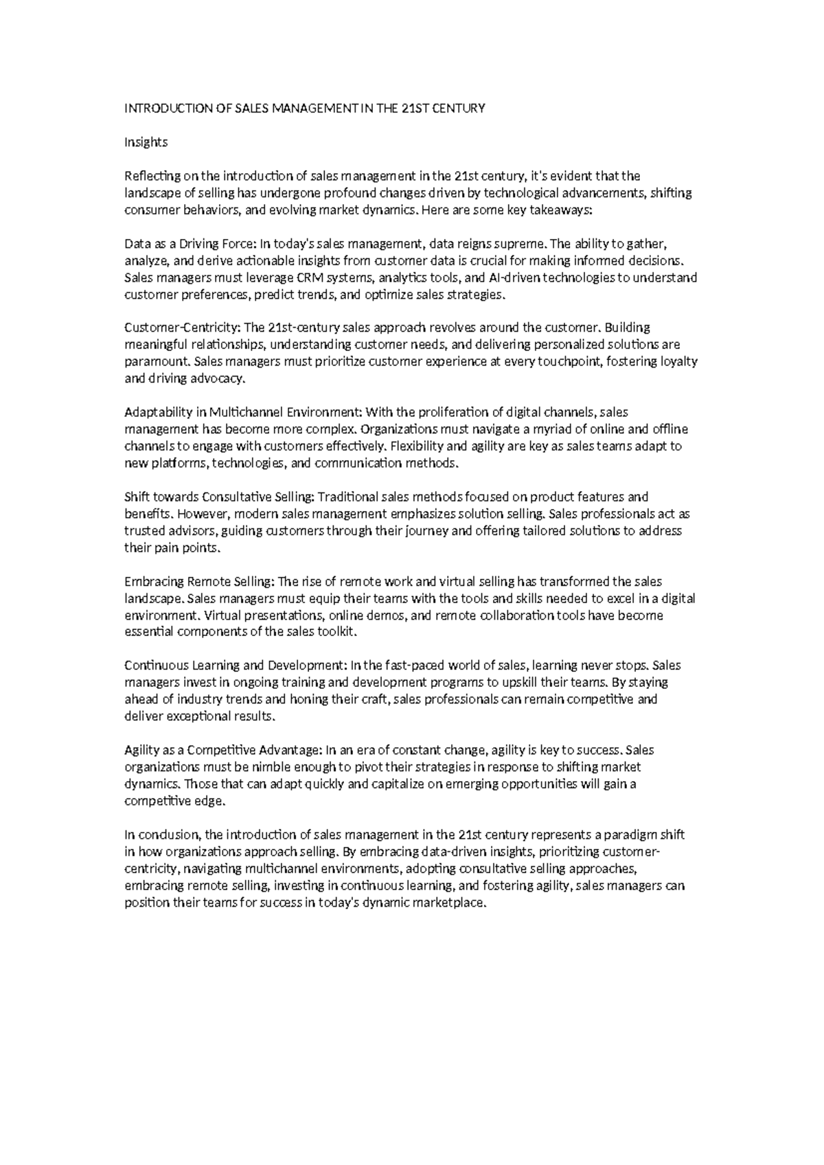 Reflection in Sales Management - INTRODUCTION OF SALES MANAGEMENT IN ...