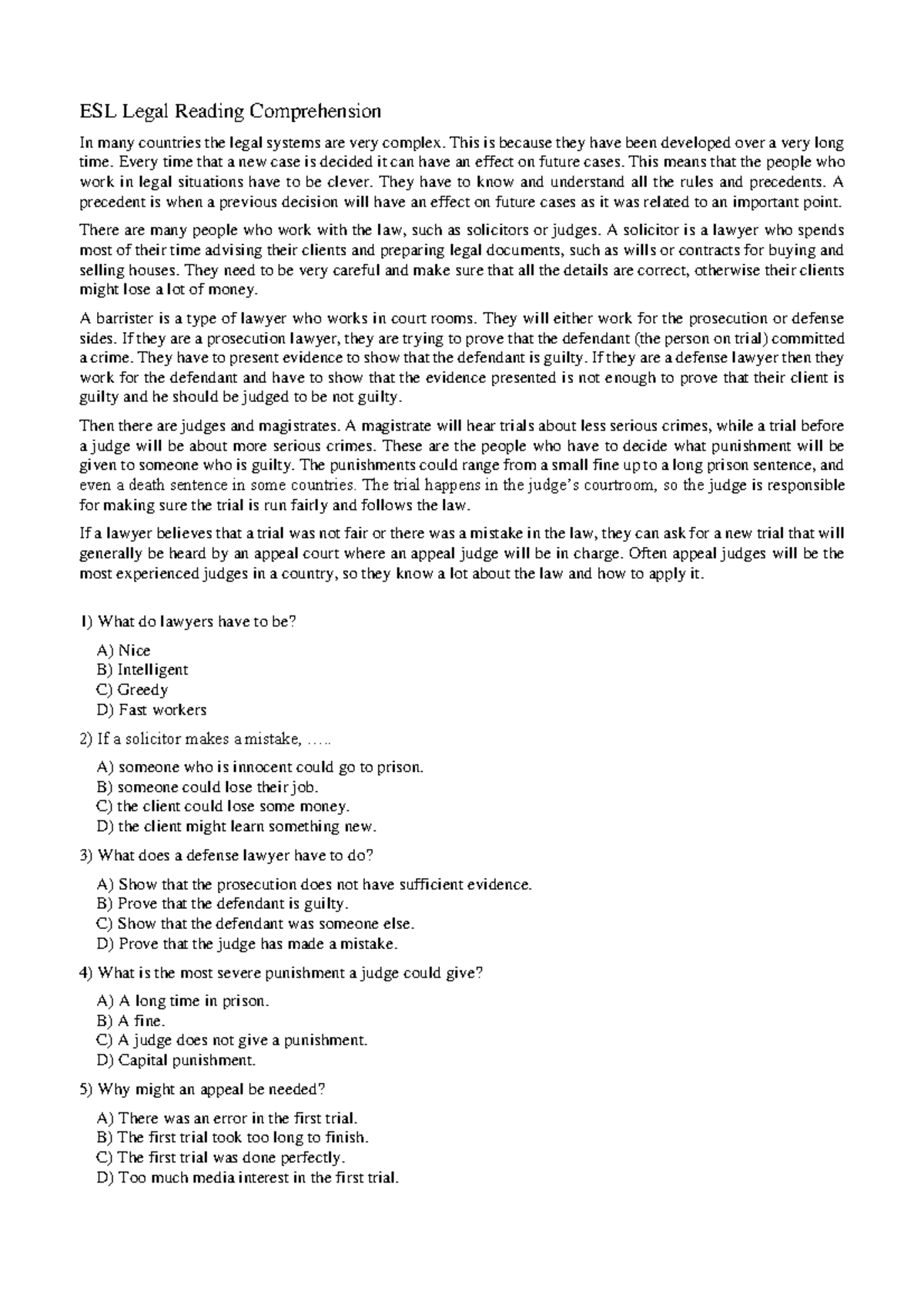 Exercises - ESL Legal Reading Comprehension In many countries the legal ...